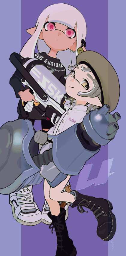 Safebooru - 2girls beret bike shorts black footwear black shirt black shorts boots brown hat ...