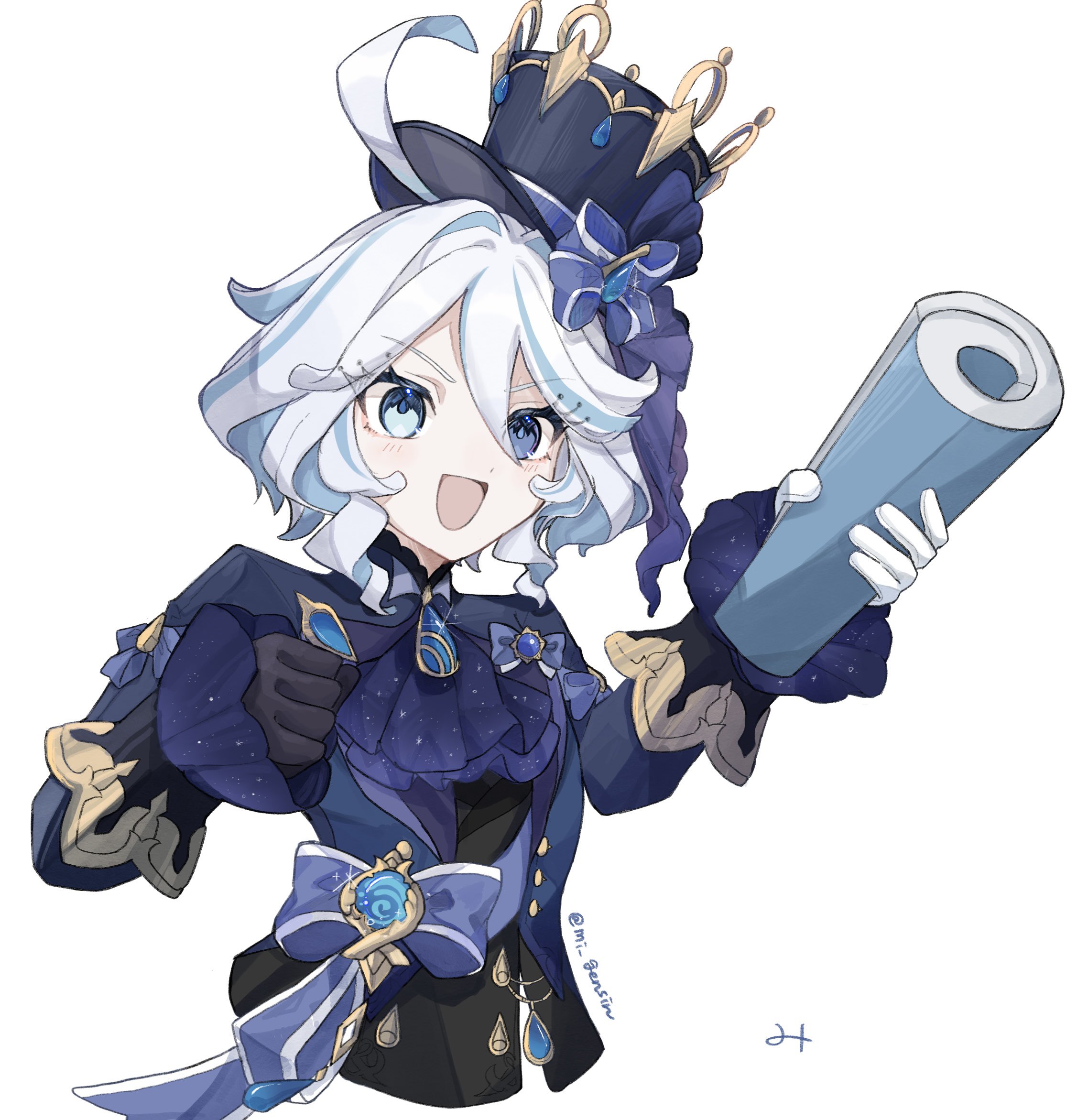 Safebooru - 1girl :d ahoge ascot black gloves black hat blue ascot blue bow blue eyes blue ...