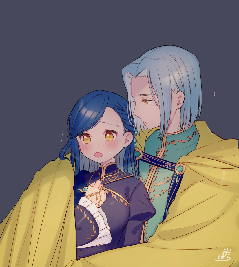 Safebooru - 1boy 1girl black dress blue hair blush brown eyes cloak ...