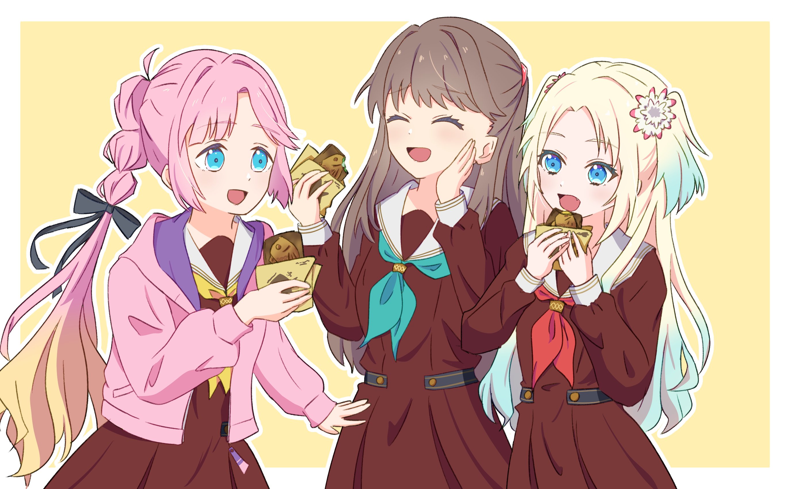 Safebooru - 3girls :d ^ ^ ahoge anyoji hime aqua neckerchief black ribbon blonde hair blue eyes ...