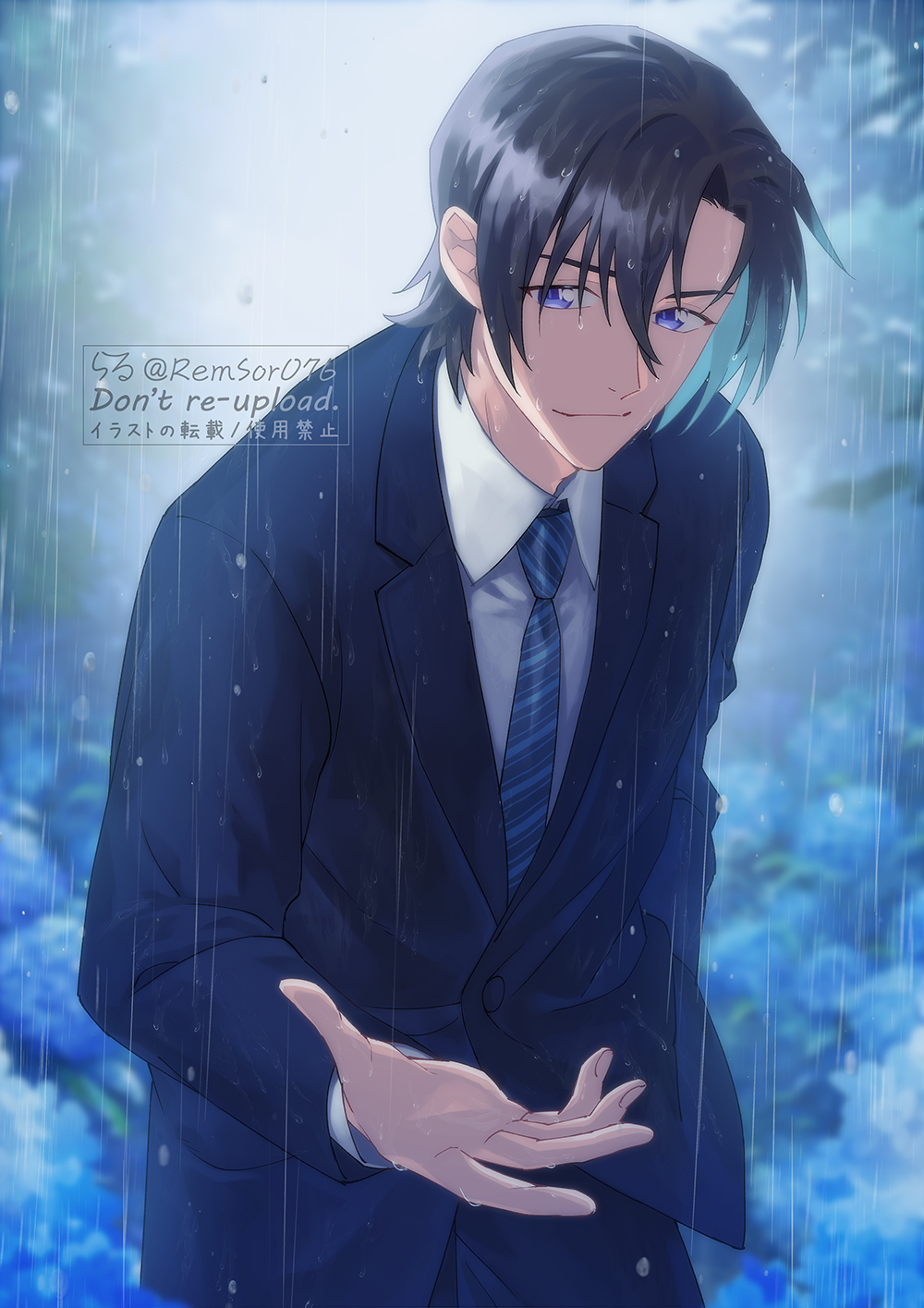 Safebooru - 1boy black hair blue flower blue suit blurry blurry background closed mouth ...