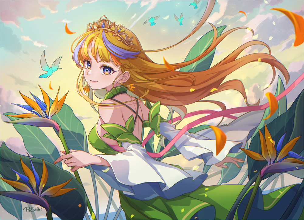 Safebooru - 1girl artist name backless dress backless outfit bird blonde hair blue eyes blue sky ...