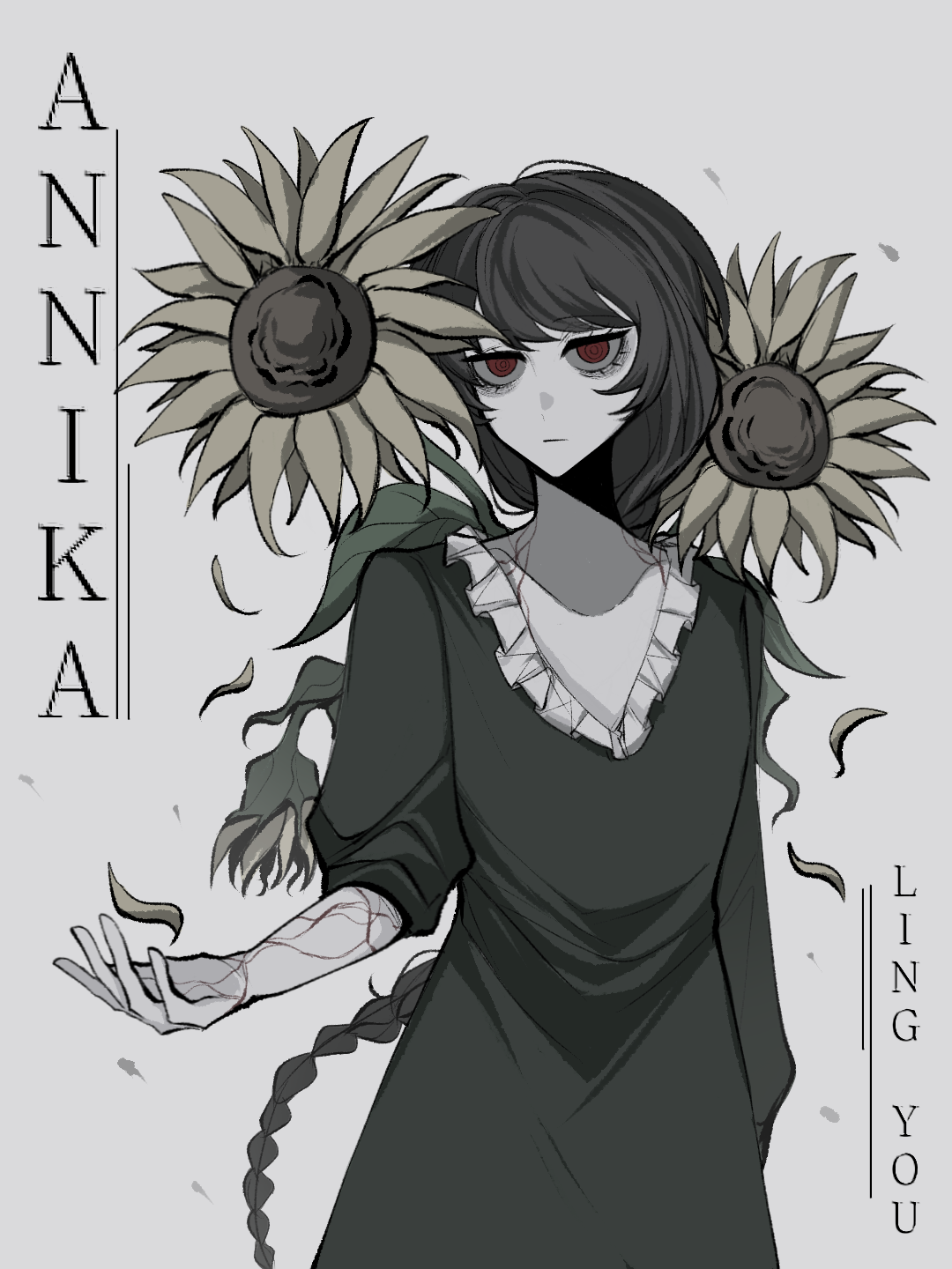 Safebooru - 1girl @ @ black dress braid character name chinese commentary closed mouth colored ...