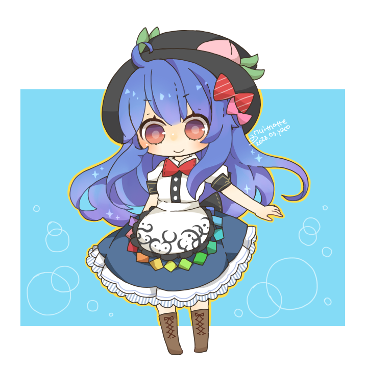 Safebooru - 1girl black hat blue hair boots chibi food fruit full body ...