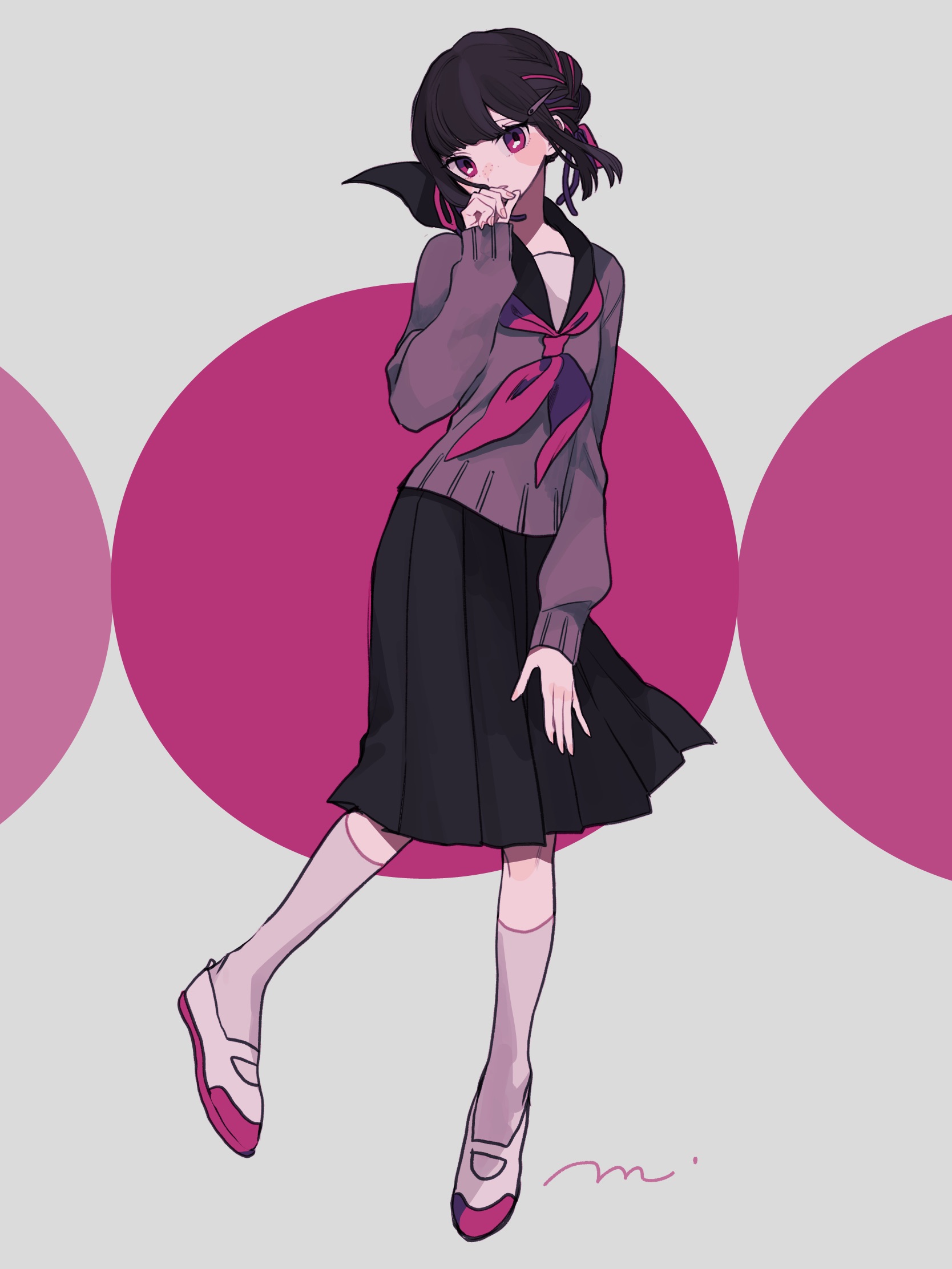 Safebooru - 1girl black hair black sailor collar black skirt bright pupils circle full body grey ...