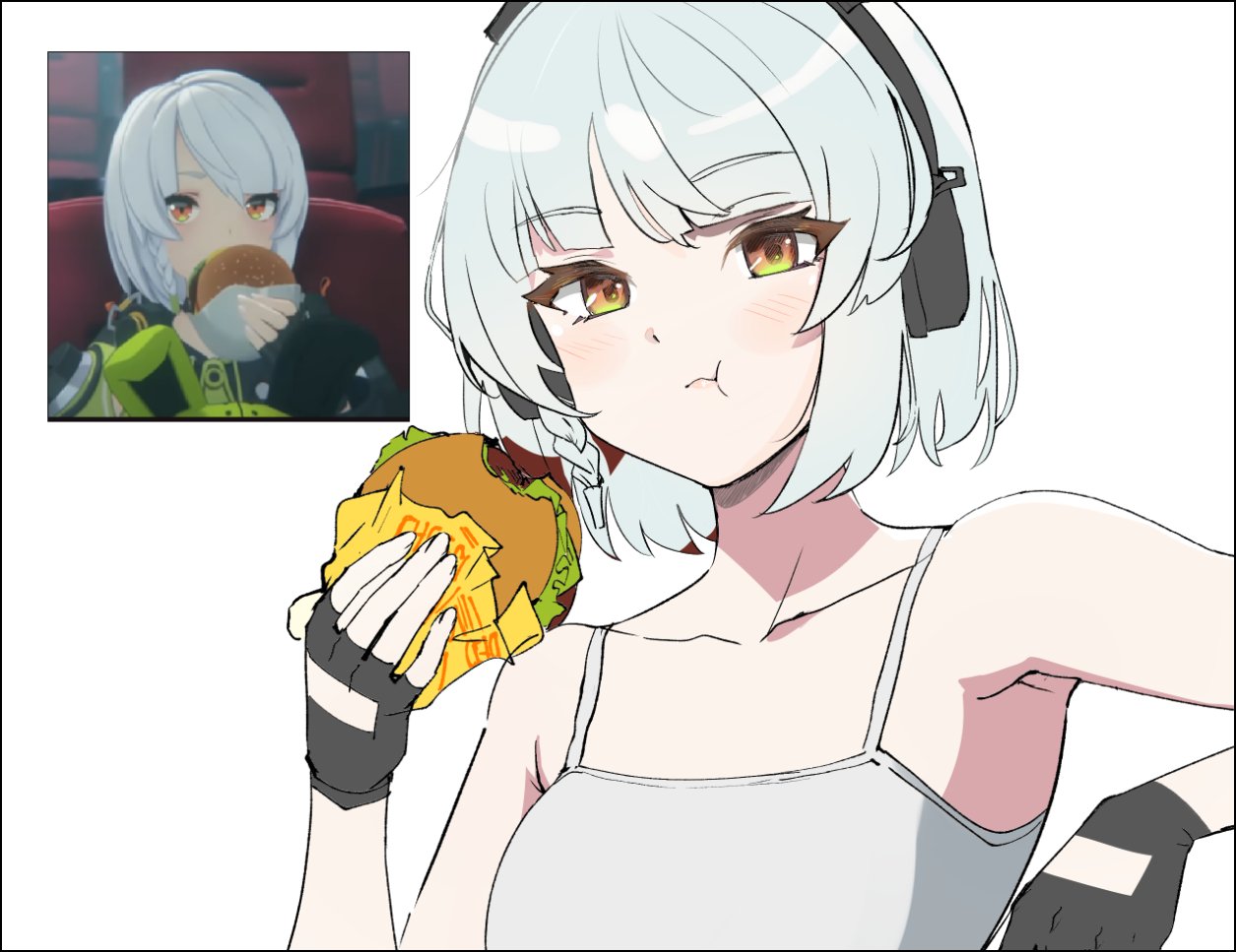 Safebooru - 1girl anby demara bare shoulders blush breasts burger eating fingerless gloves food ...
