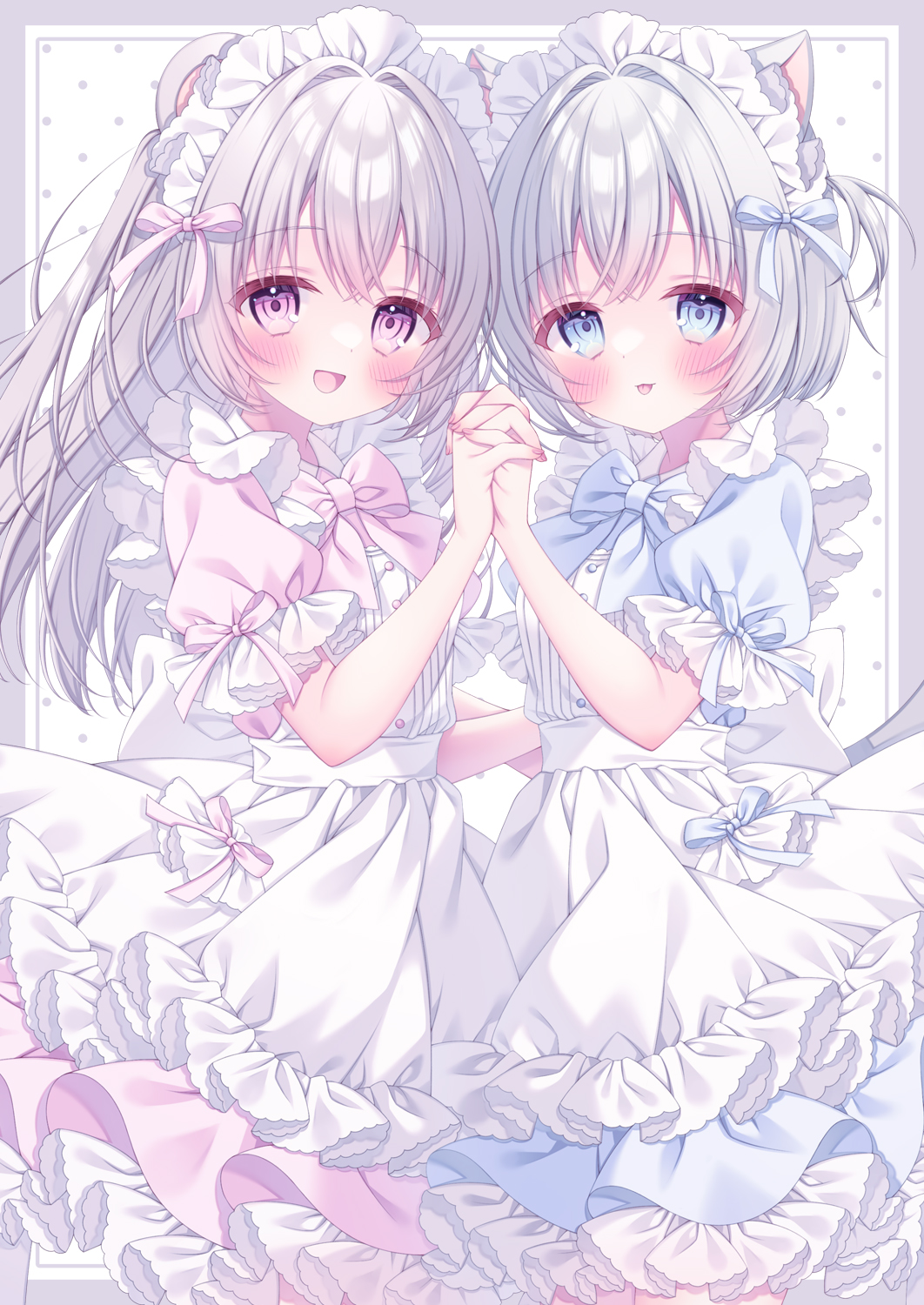 Safebooru - 2girls :d :p animal ears bear ears blue bow blue bowtie blue eyes blue lacy bow ...