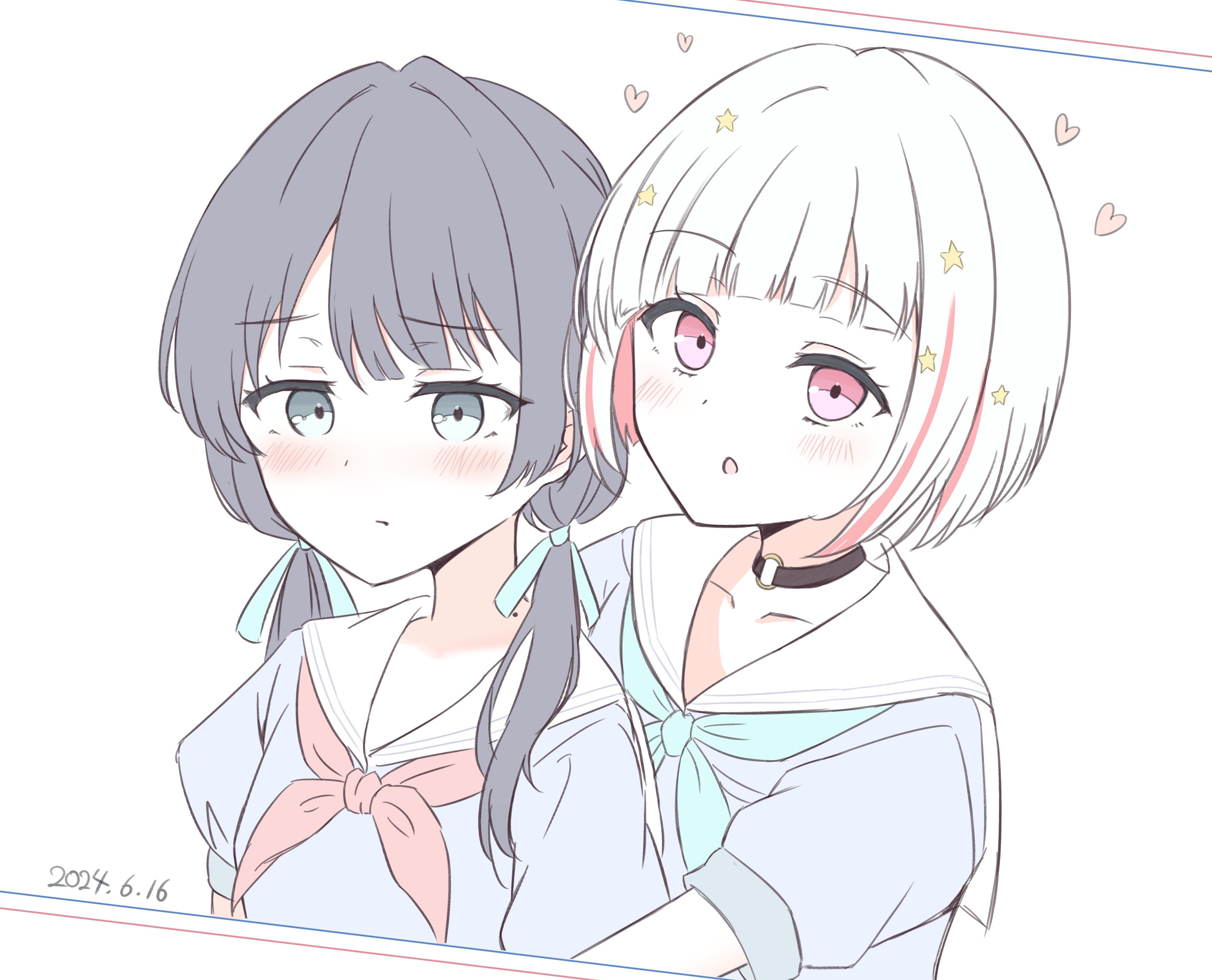 Safebooru - 2girls absurdres black choker black hair blue dress blue ...