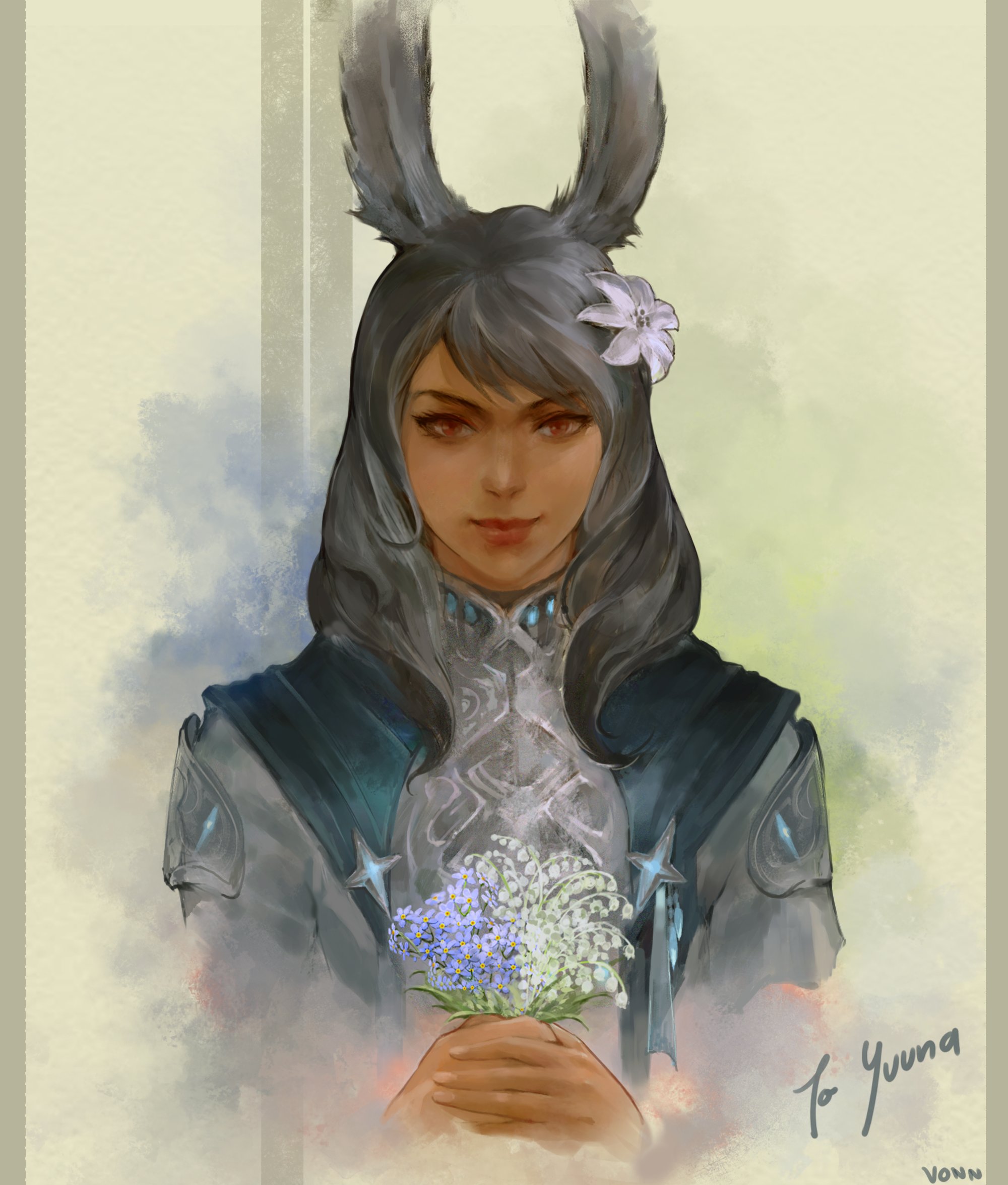 Safebooru - 1girl animal ears arizdigitalart black hair bouquet closed ...