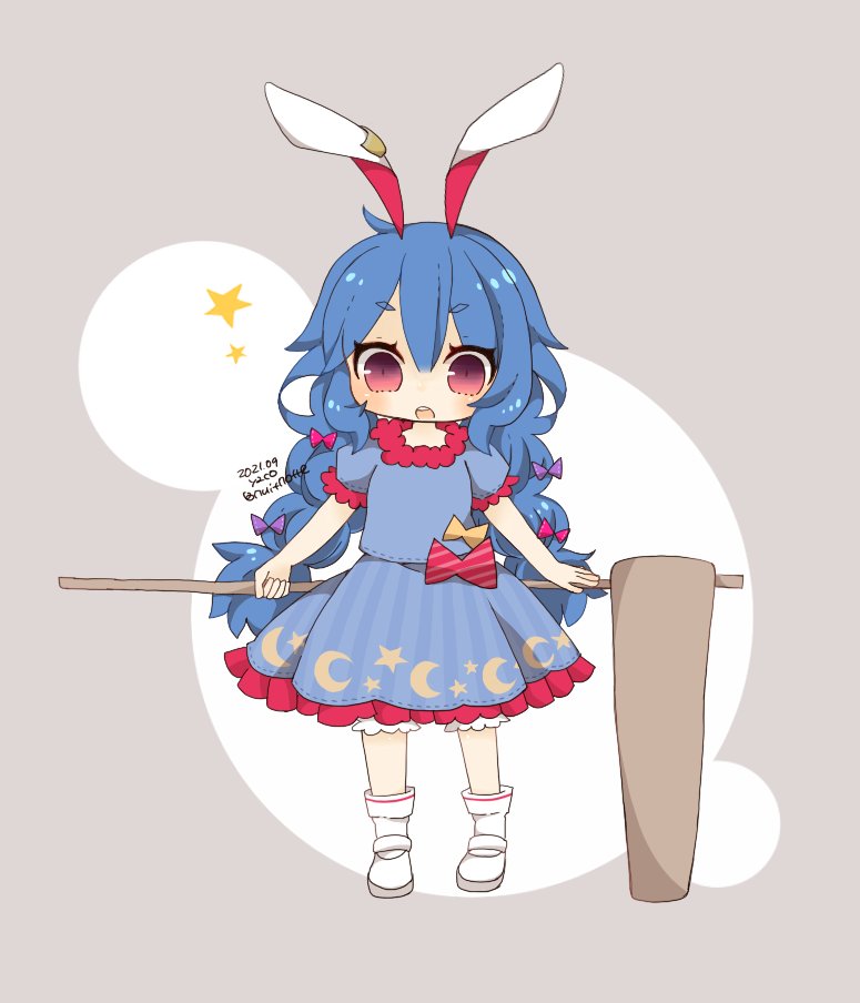 Safebooru - 1girl animal ears blue dress blue hair chibi crescent print dress earclip floppy ...