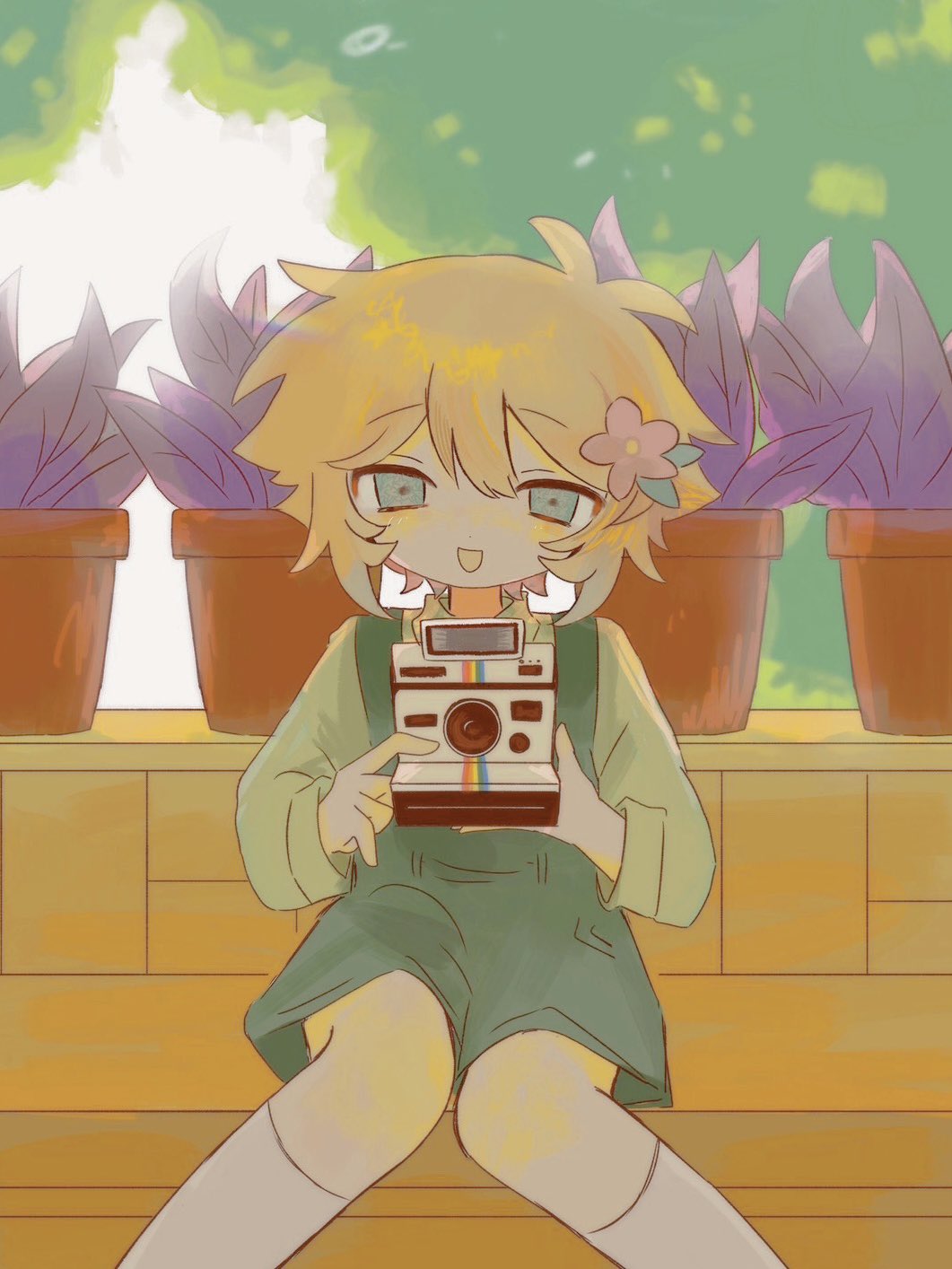 Safebooru - 1boy basil (faraway) (omori) basil (omori) blonde hair blue eyes blush camera flower ...