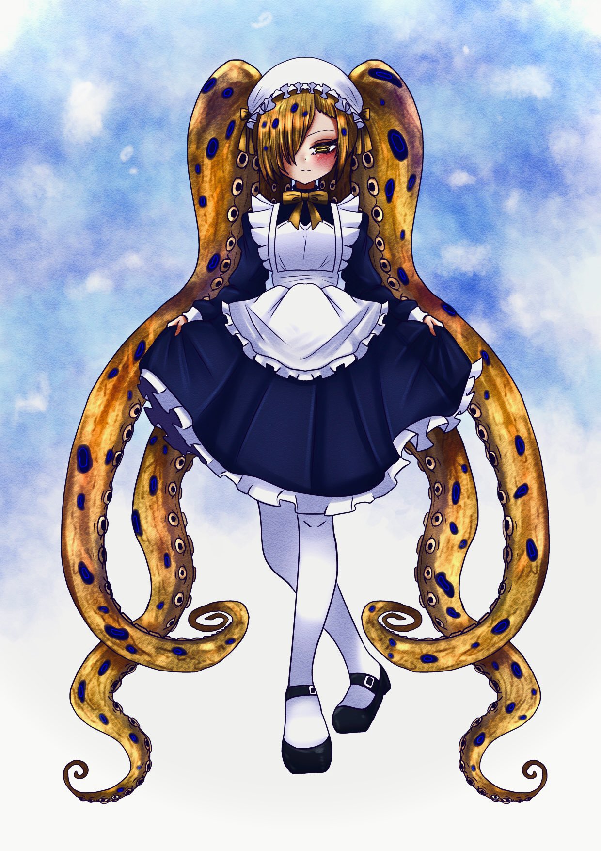 Safebooru - 1girl a30350459 absurdly long hair apron black dress black footwear blue-ringed ...