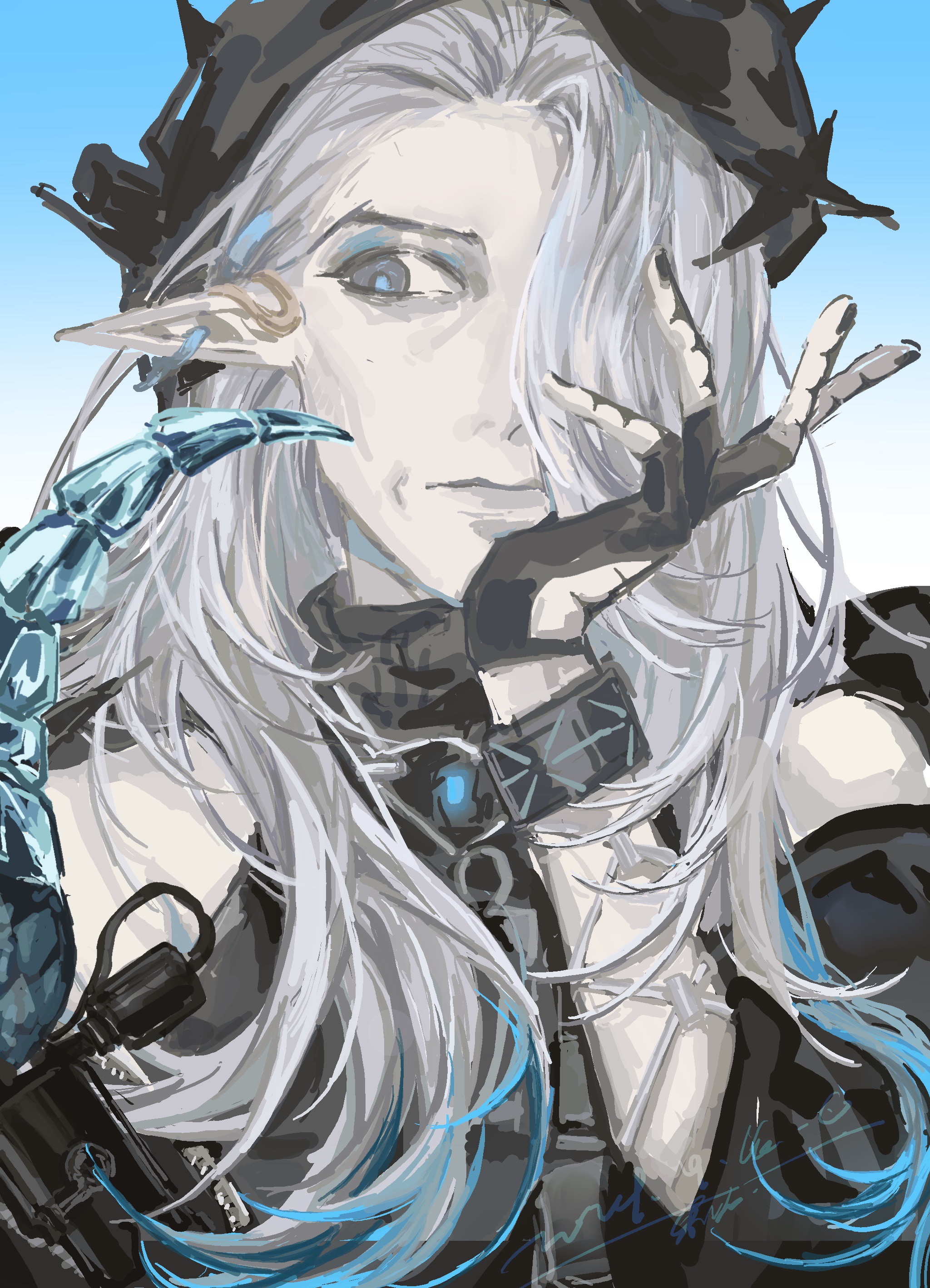 Safebooru - 1girl absurdres aqua eyes aqua hair arknights commission grey hair hair over one eye ...