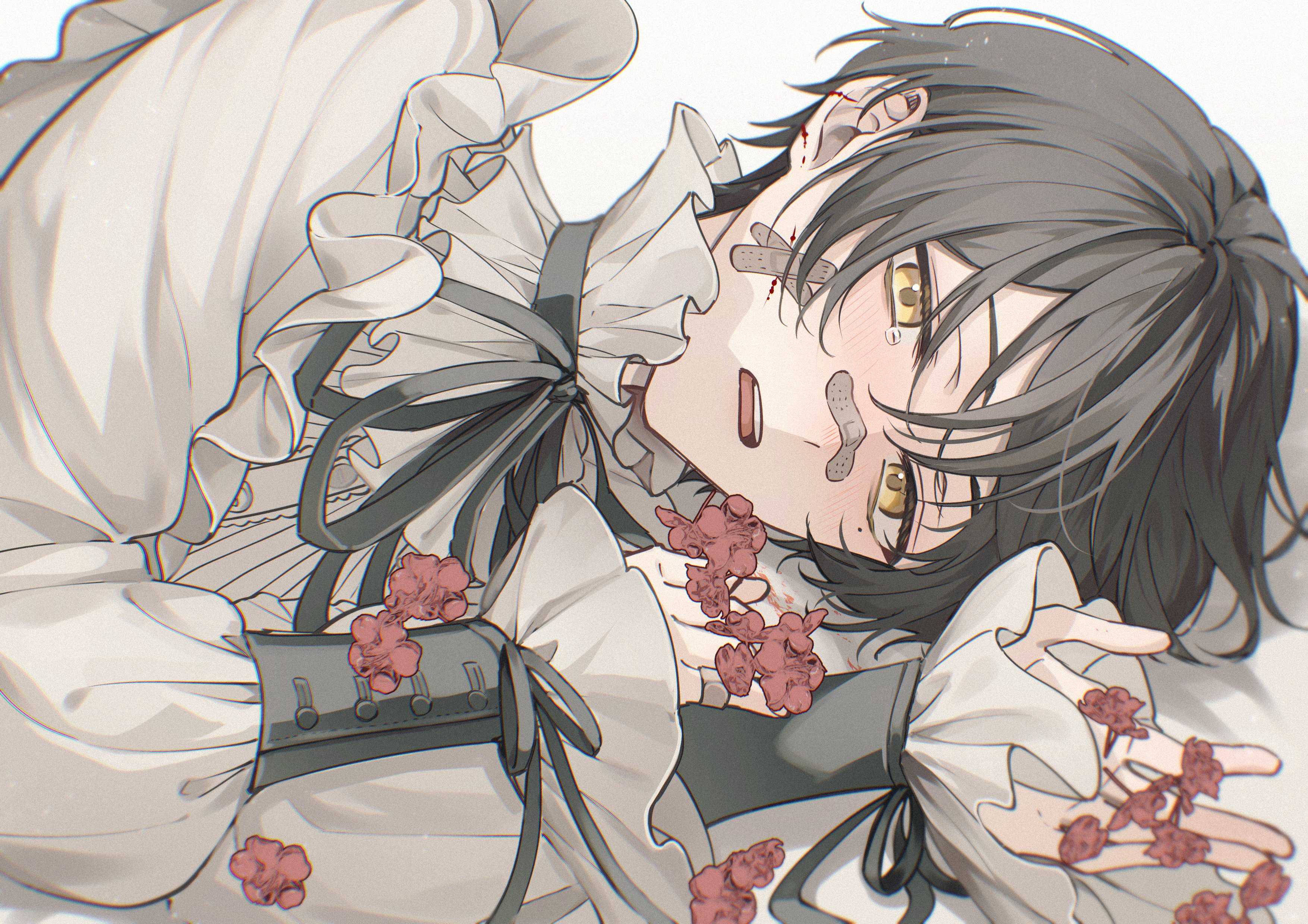 Safebooru - 1boy absurdres bandaid bandaid on cheek bandaid on face bandaid on nose bed sheet ...