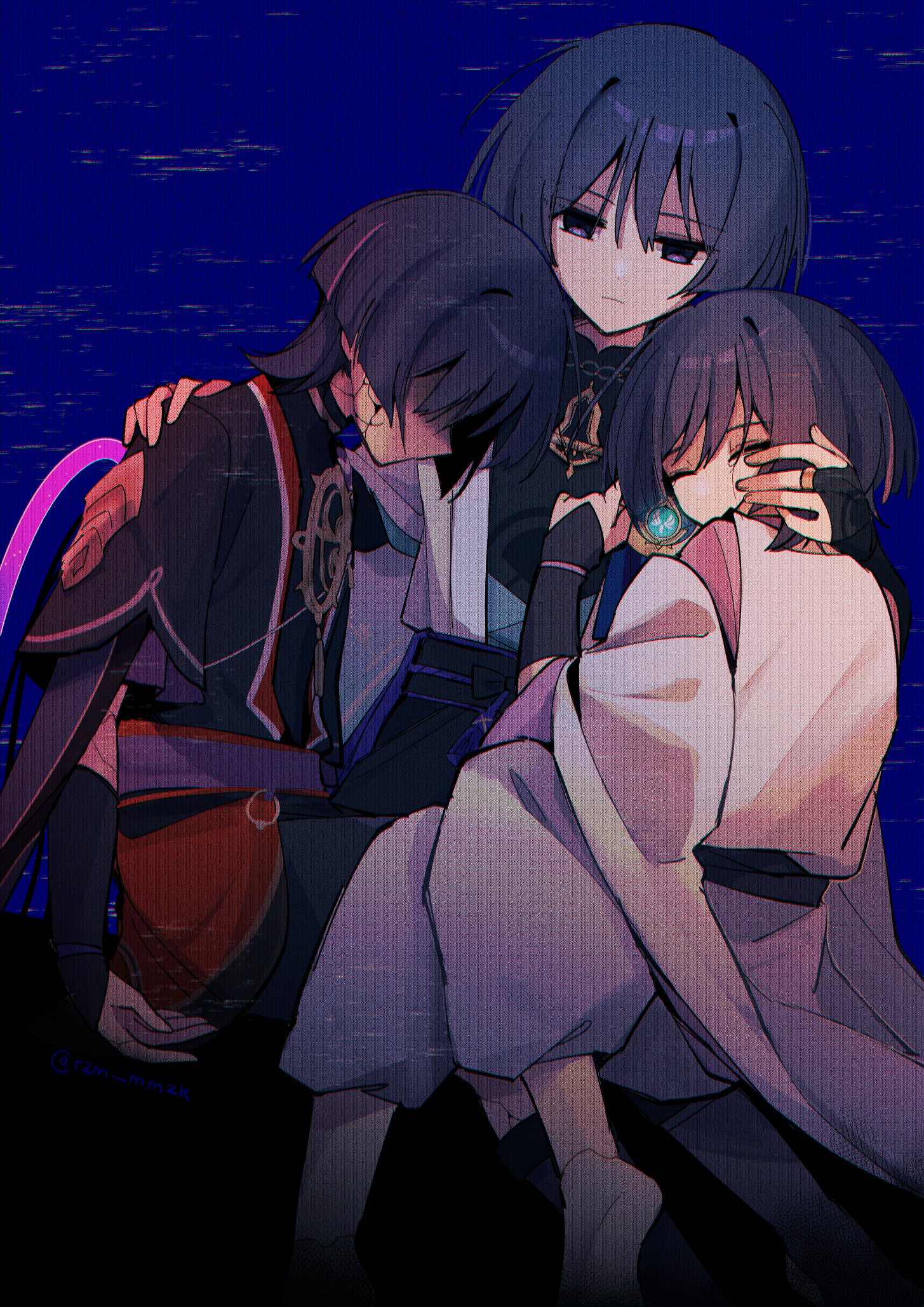 Safebooru - 3boys aqua sleeves arm at side barefoot belt black belt black bodysuit black bow ...