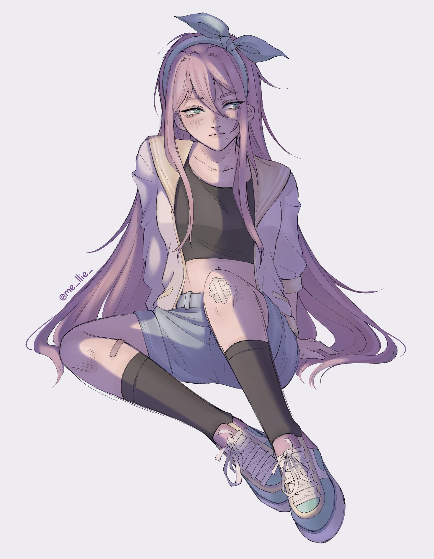 Safebooru - 1girl arm support aubrey (faraway) (omori) aubrey (omori) blue eyes blue shorts ...