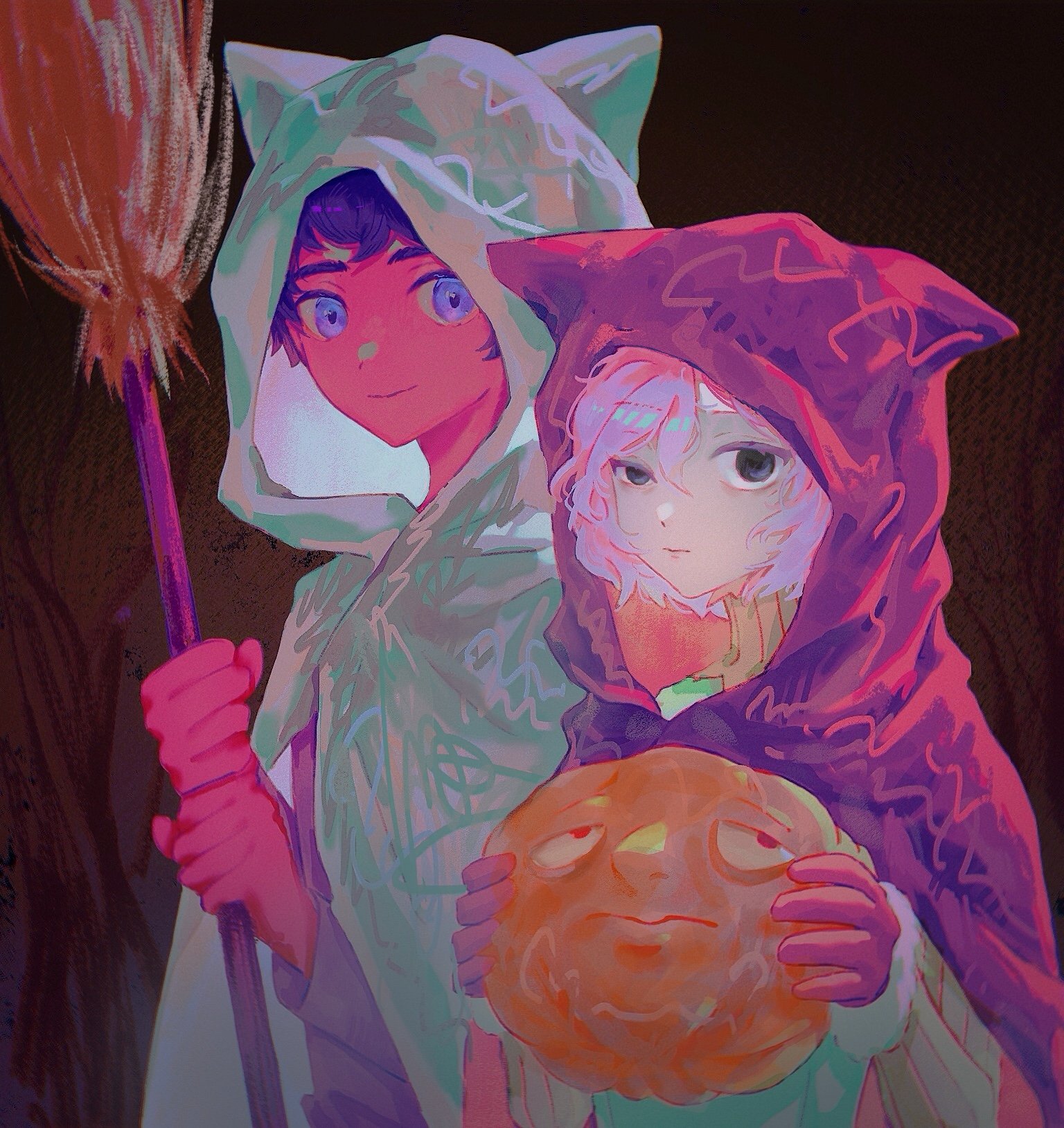 Safebooru - 2boys animal hood bags under eyes black eyes black hair blue eyes broom brown ...