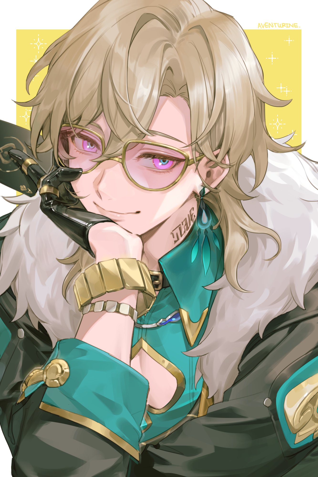 Safebooru - 1boy aqua shirt aventurine (honkai: star rail) belt collar black gloves blonde hair ...