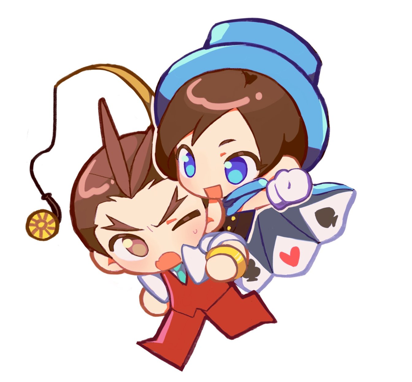 Safebooru - 1boy 1girl :d ;o ace attorney apollo justice black dress blue eyes blue hat blue ...