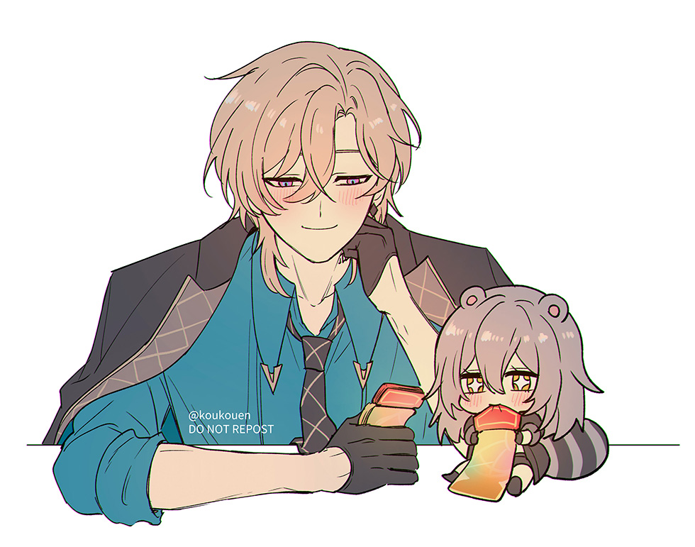 Safebooru - 1boy 1girl animal ears aventurine (honkai: star rail) black gloves blonde hair chibi ...