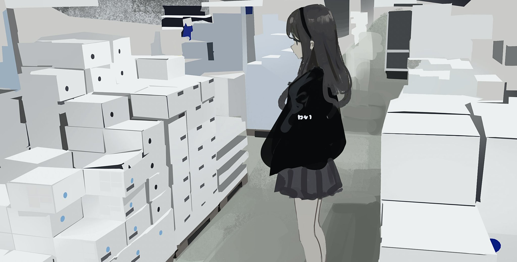 Safebooru - 1girl bare legs black eyes black hairband black jacket box stack feet out of frame ...
