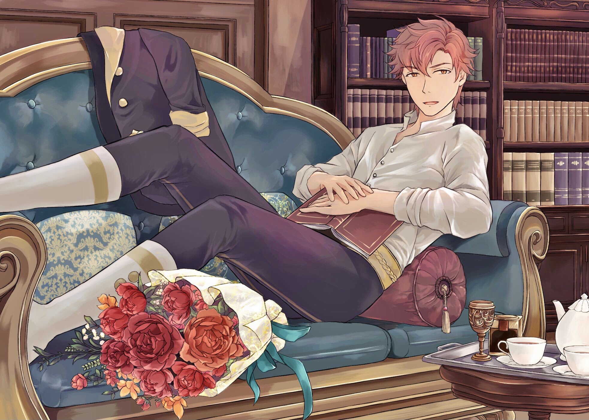 Safebooru - 1boy bookshelf couch cup fire emblem fire emblem: three ...