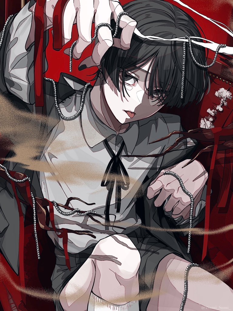 Safebooru - 1boy beads black eyes black hair black jacket black nails black ribbon black shorts ...