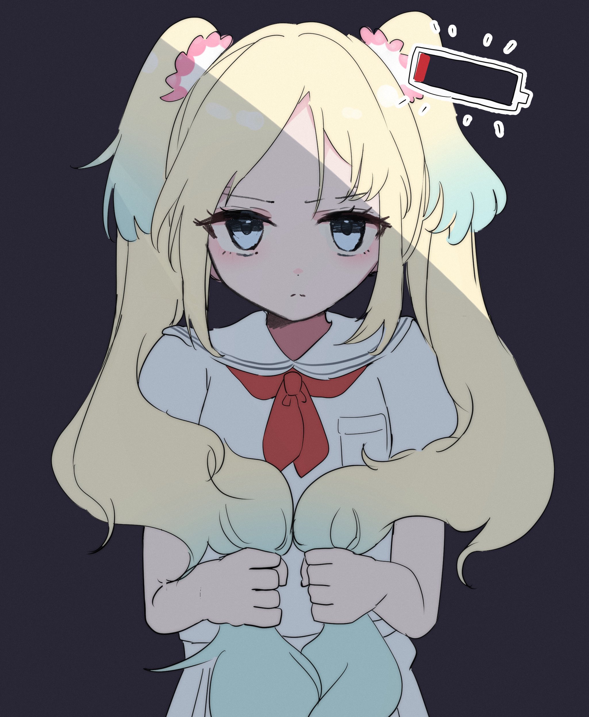 Safebooru - 1girl absurdres battery indicator black background blonde hair blue eyes blue hair ...