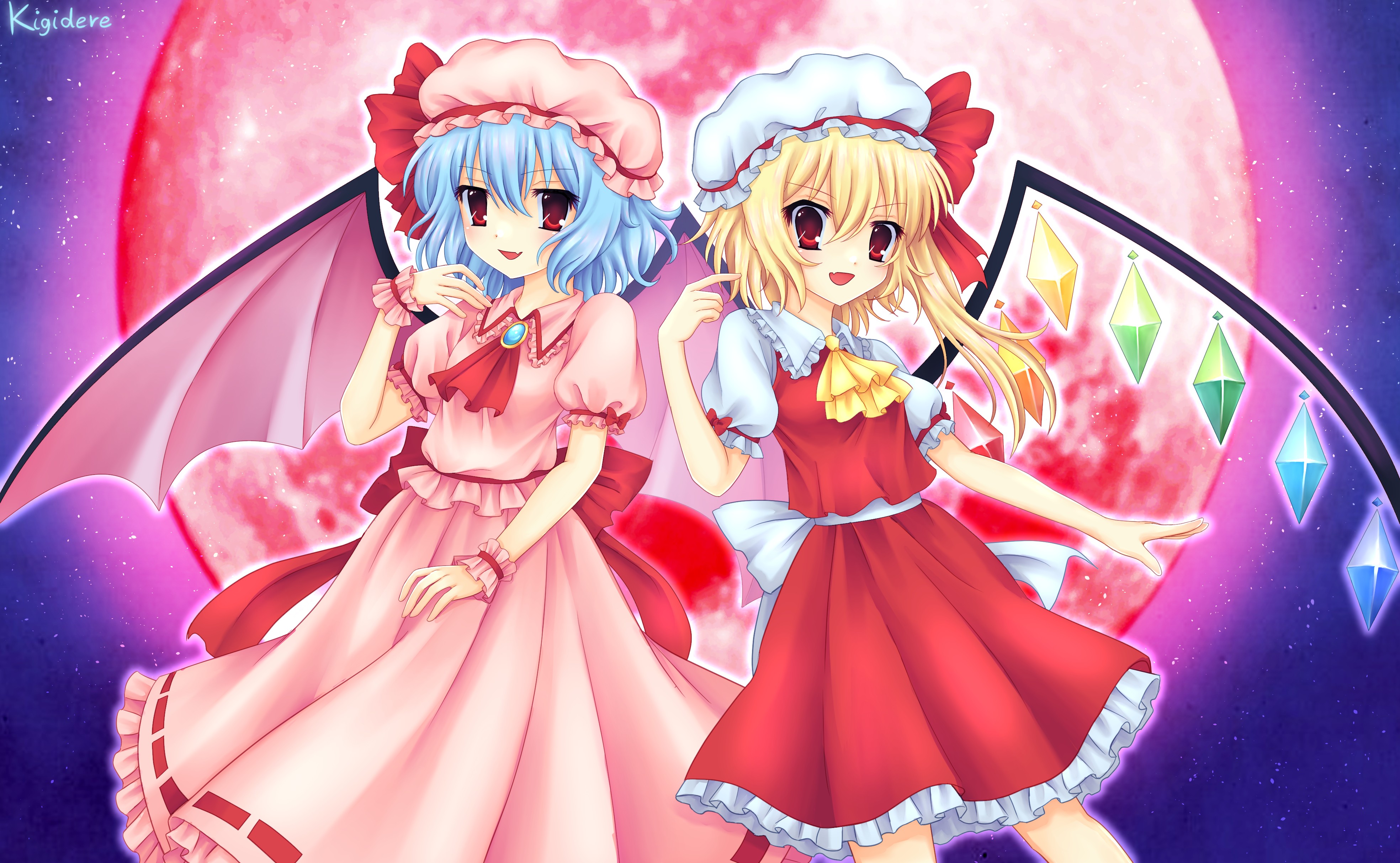 Safebooru - 2girls absurdres artist name ascot bat wings blonde hair blue hair brooch cowboy ...