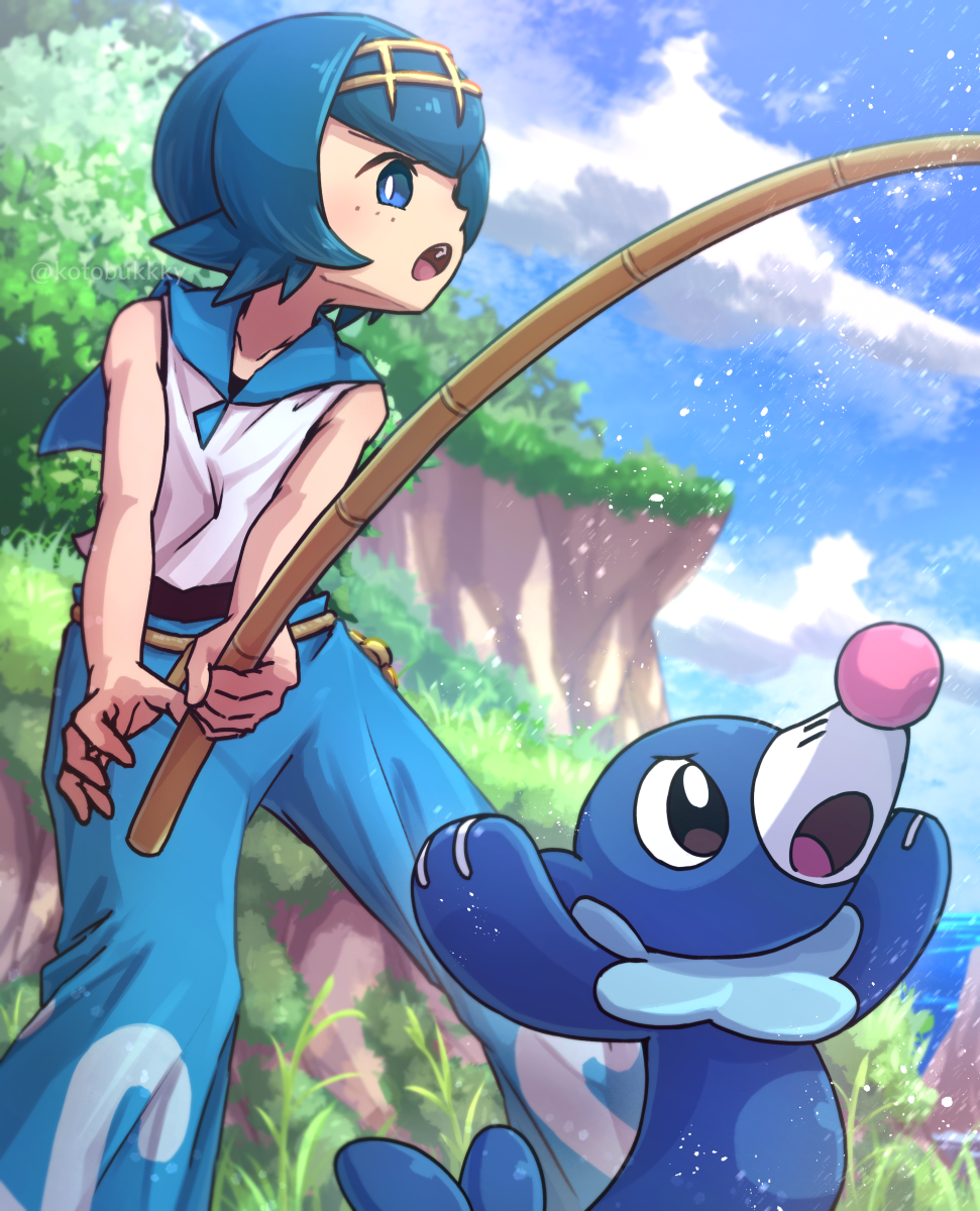 Safebooru - 1girl bare shoulders blue eyes blue hair blue pants fishing ...