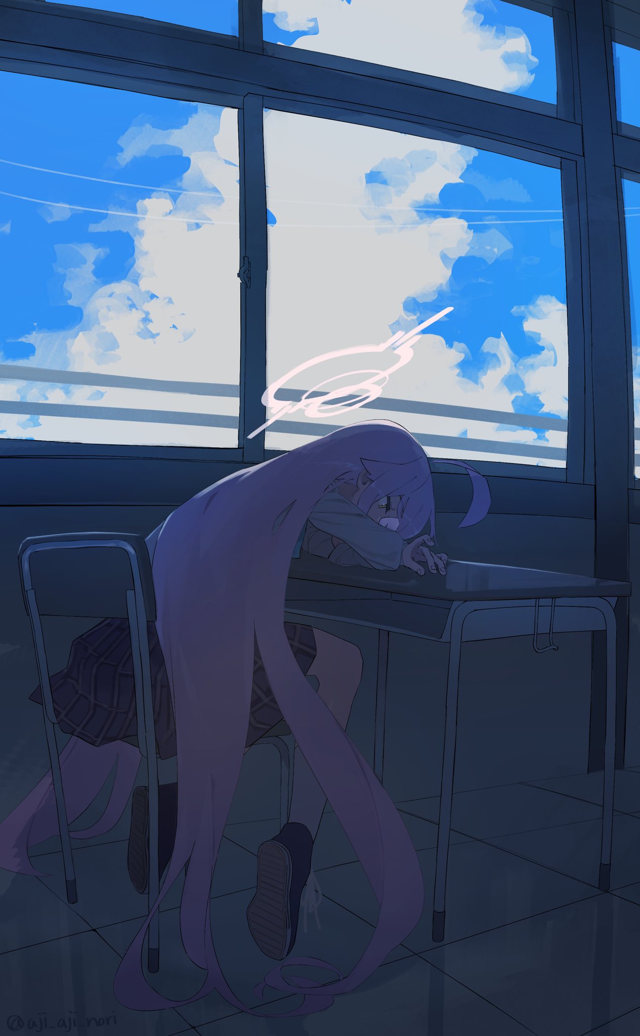 Safebooru - 1girl ahoge aji aji nori black footwear black skirt blue archive chair classroom ...