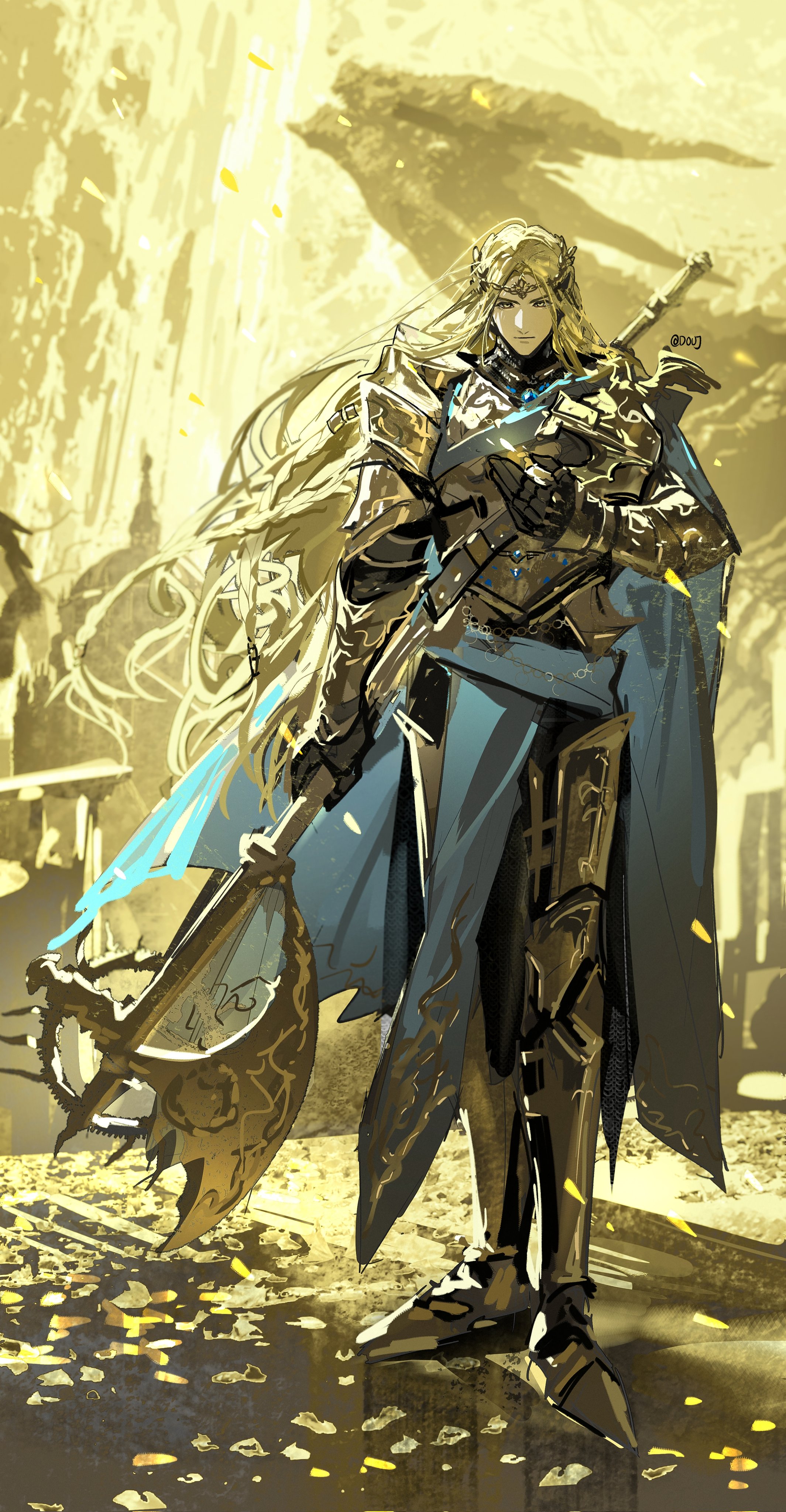 Safebooru - 1boy absurdres armor armored boots axe blonde hair blue cape boots breastplate cape ...