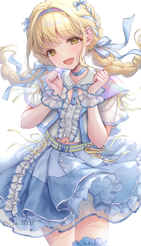 Safebooru - 1girl :d blonde hair blue choker blue skirt blush braid brown eyes choker commentary ...