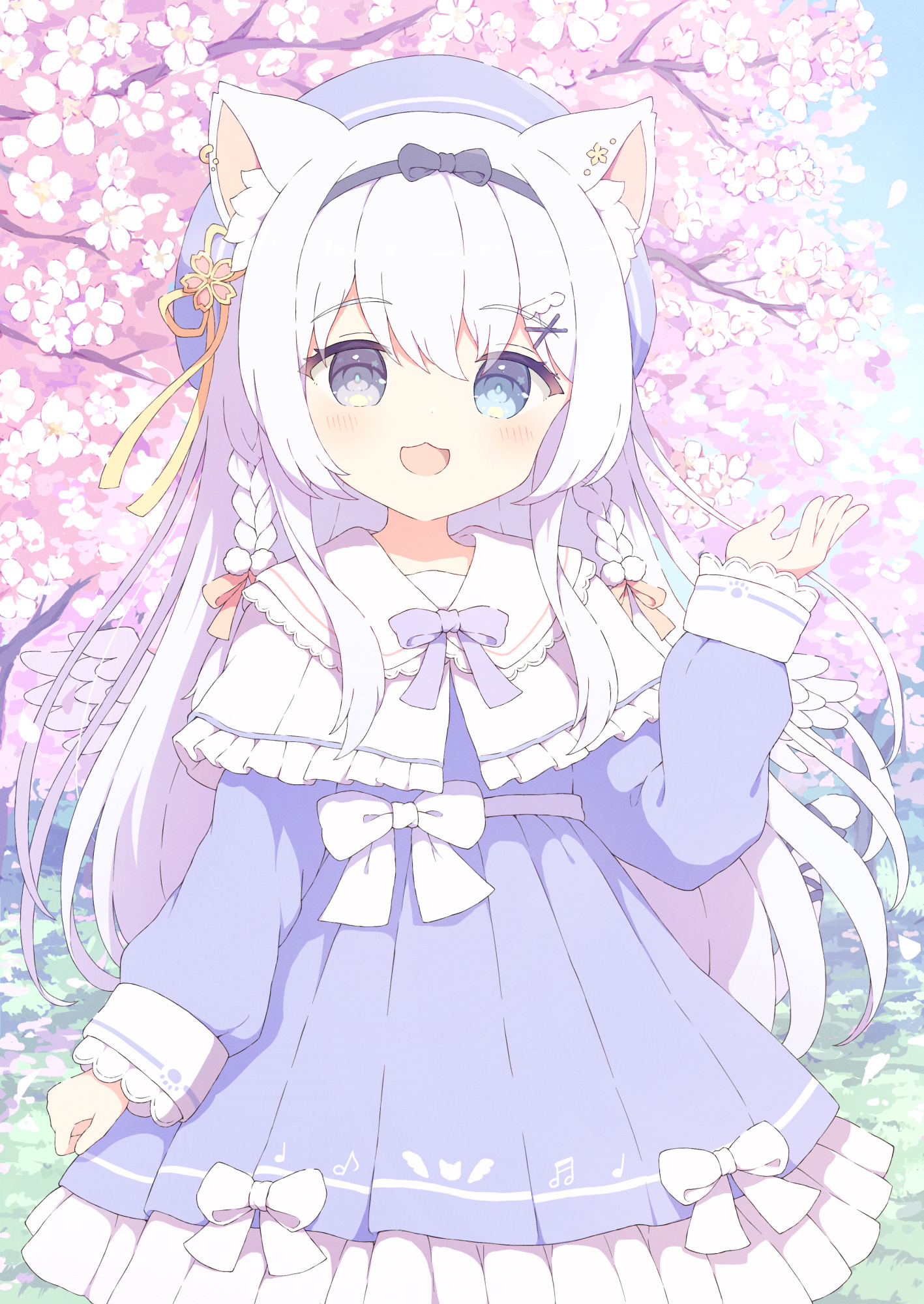 Safebooru - 1girl animal ears blue dress blue eyes bow braid cat ears cat girl cherry blossoms ...