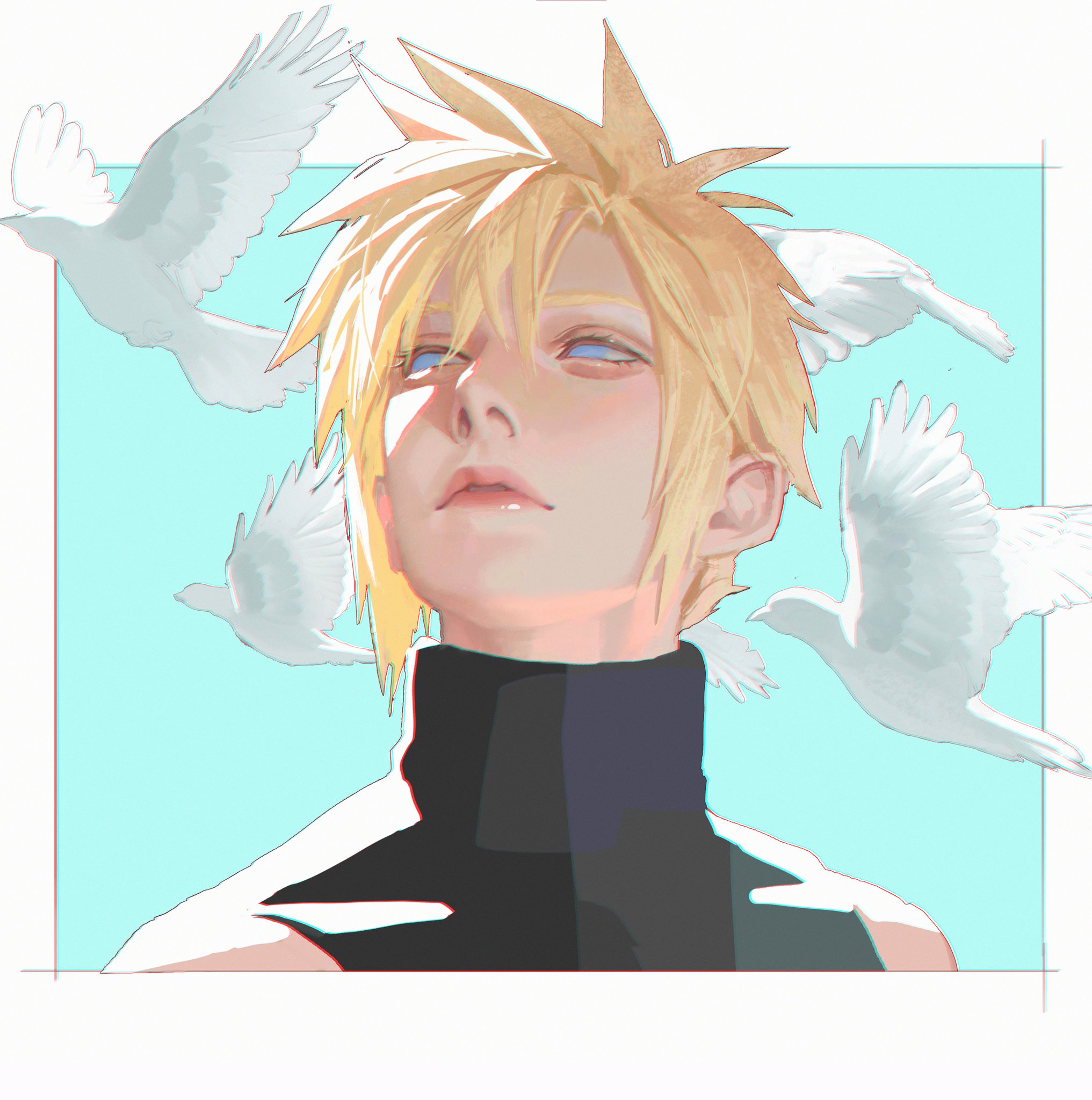 Safebooru - 1boy aqua background bare shoulders bird blonde hair blue ...