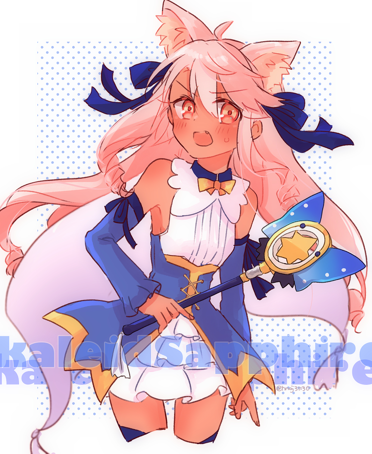 Safebooru - 1girl animal ears bare shoulders blue dress blue ribbon blue sleeves blush cat ears ...