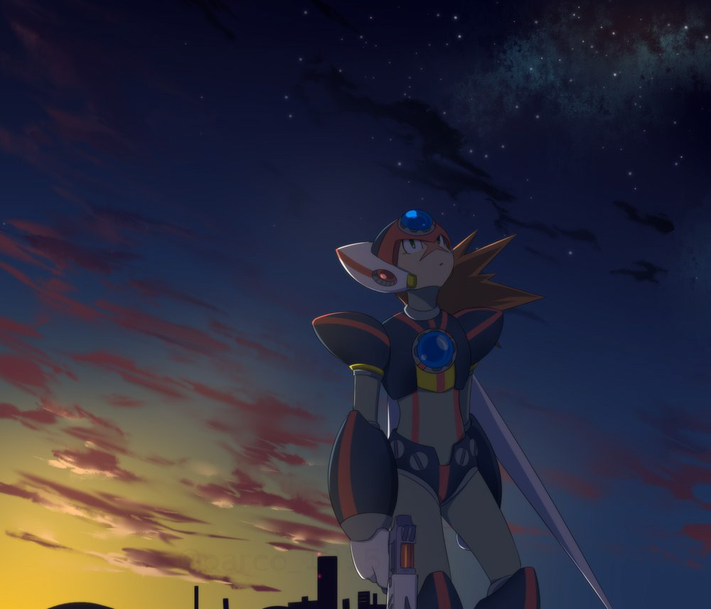 Safebooru - 1boy android armor axl (mega man) closed mouth clouds cross ...