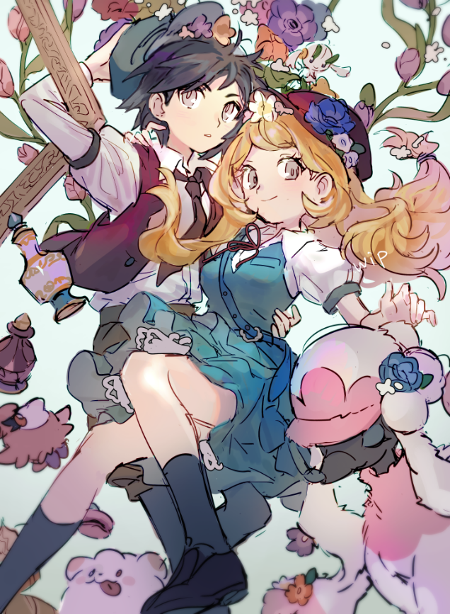 Safebooru - 1boy 1girl alternate costume black footwear blonde hair blue flower calem (pokemon ...