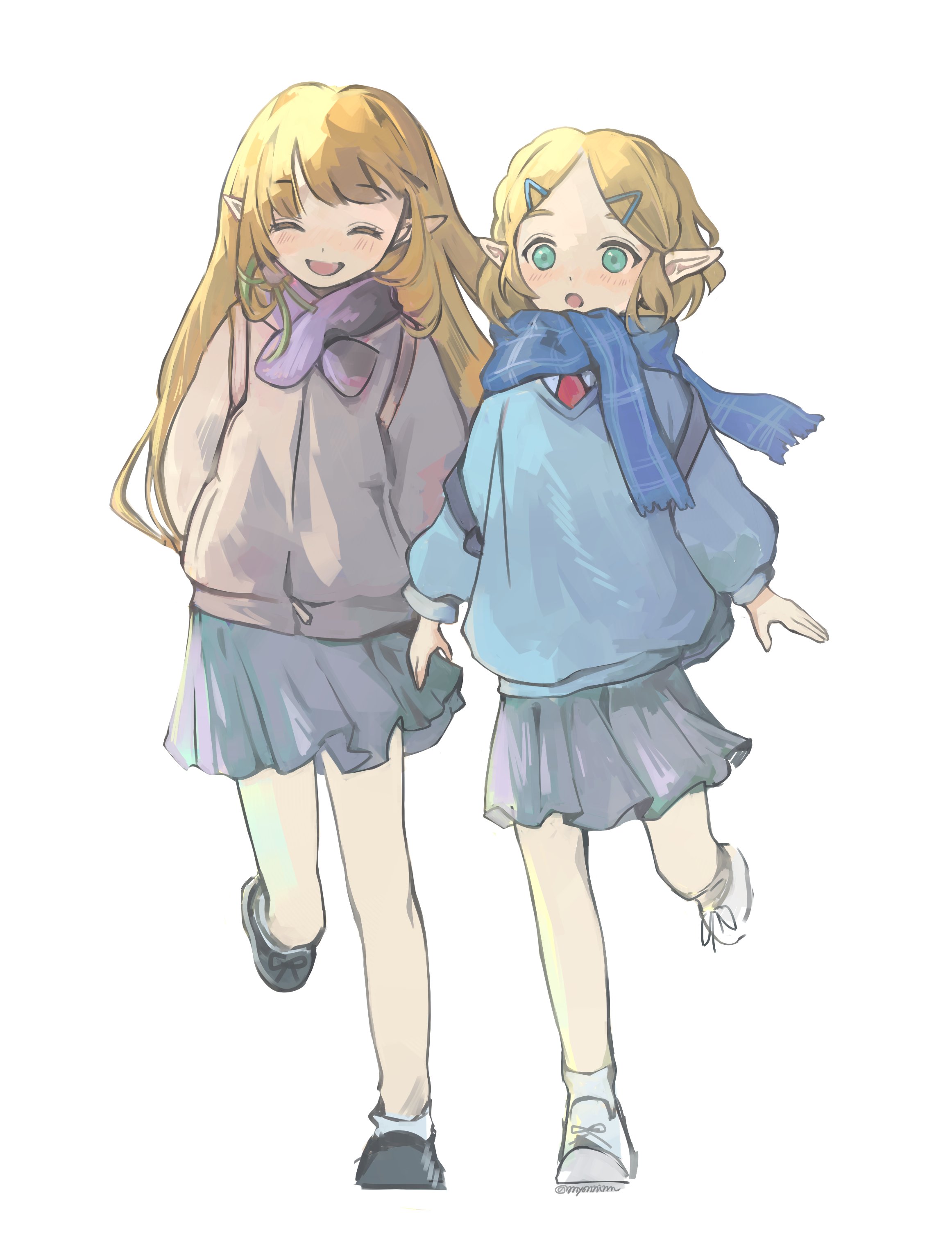 Safebooru - 2girls :d :o ^ ^ absurdres artist name backpack bag black footwear blonde hair blue ...