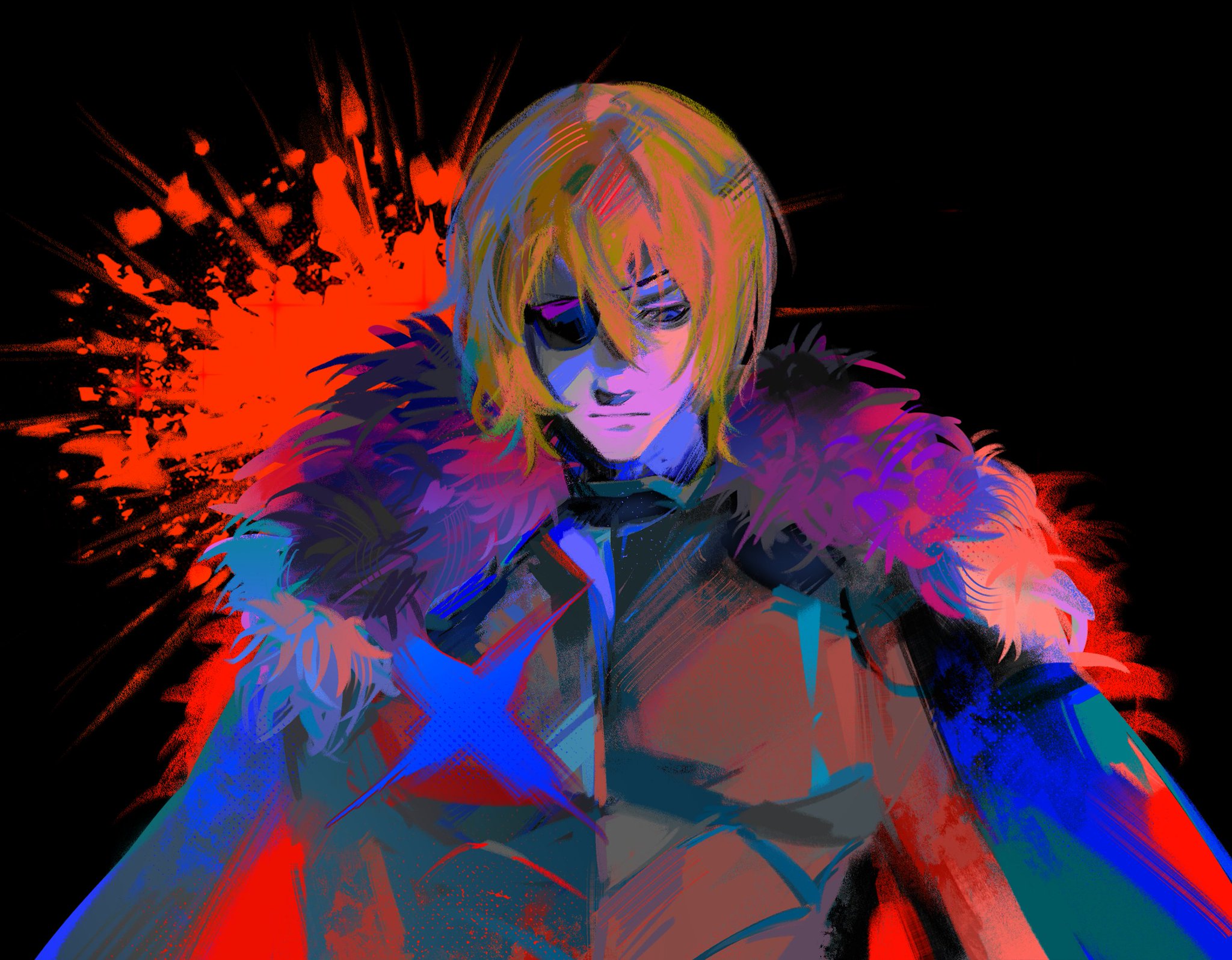Safebooru - 1boy armor black armor black background black fur blonde hair blood blood on armor ...