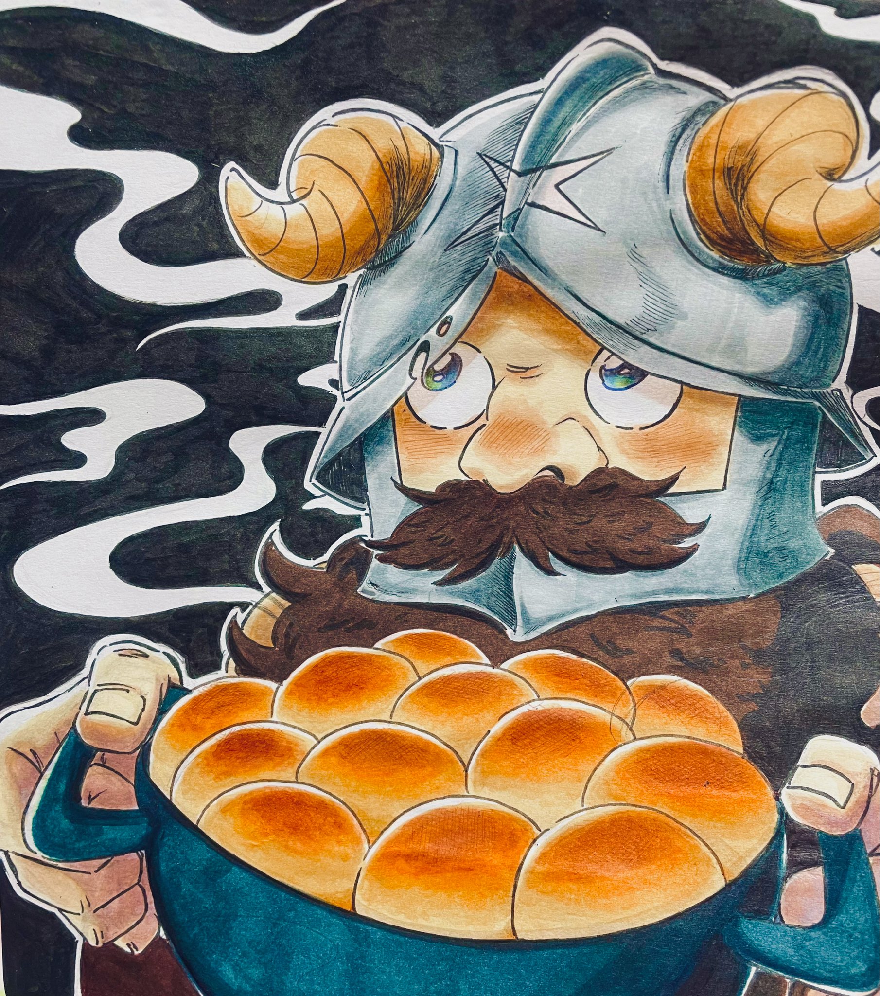 Safebooru - 1boy beard bread dungeon meshi dwarf facial hair fake horns food helmet highres ...