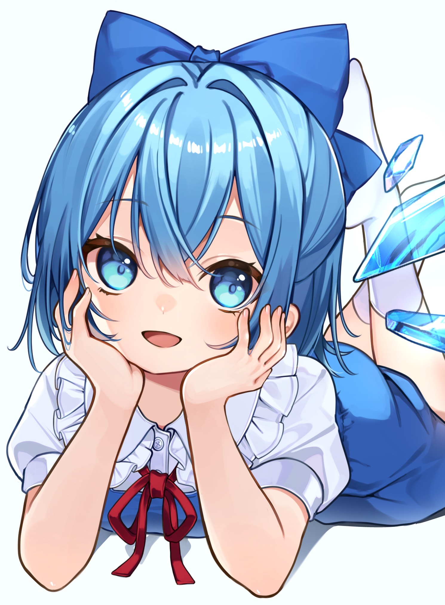 Safebooru - 1girl blue bow blue dress blue eyes blue hair bow cirno commentary crossed legs ...