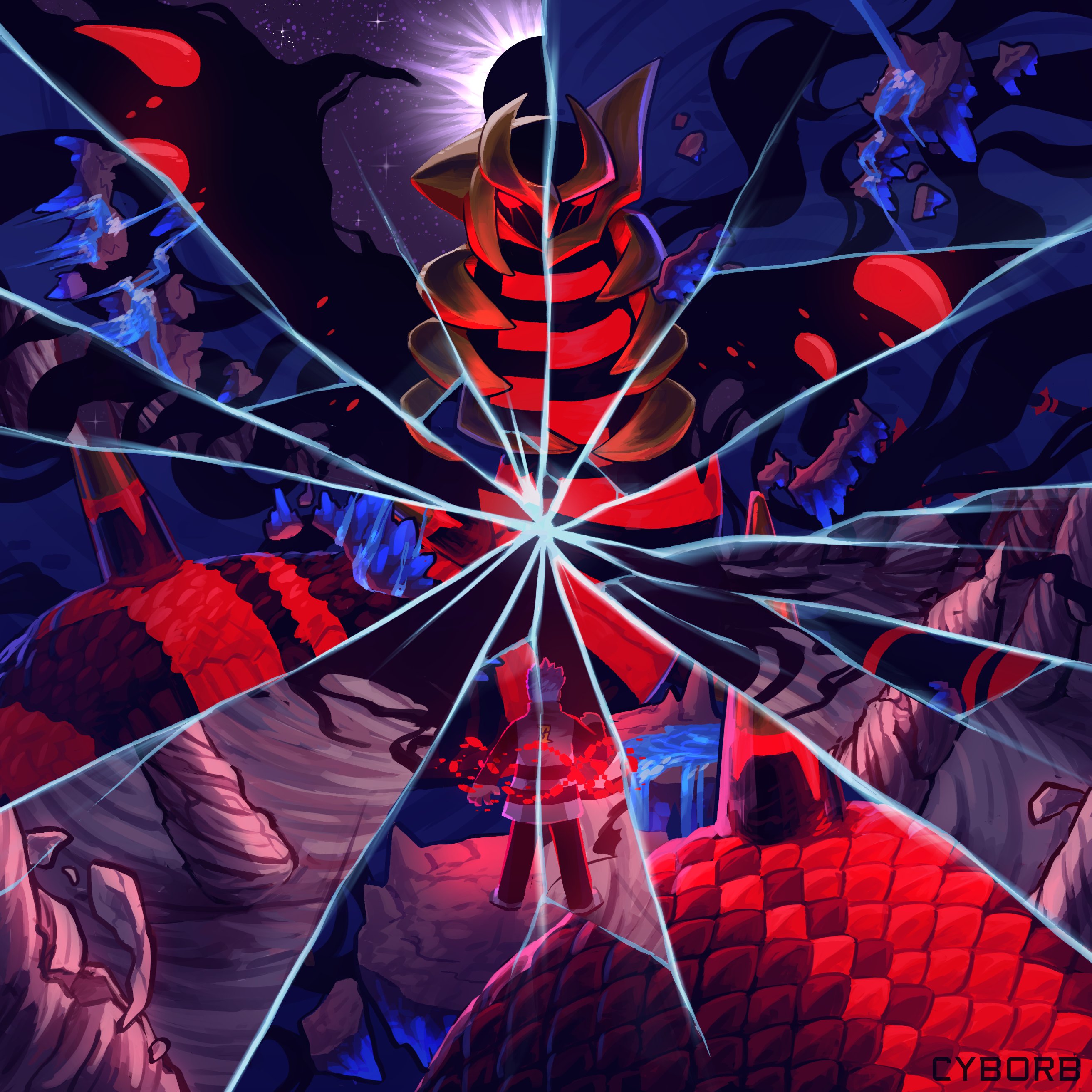 Safebooru - 1boy 1other absurdres blue hair cracked screen cyborb cyrus (pokemon) distortion ...