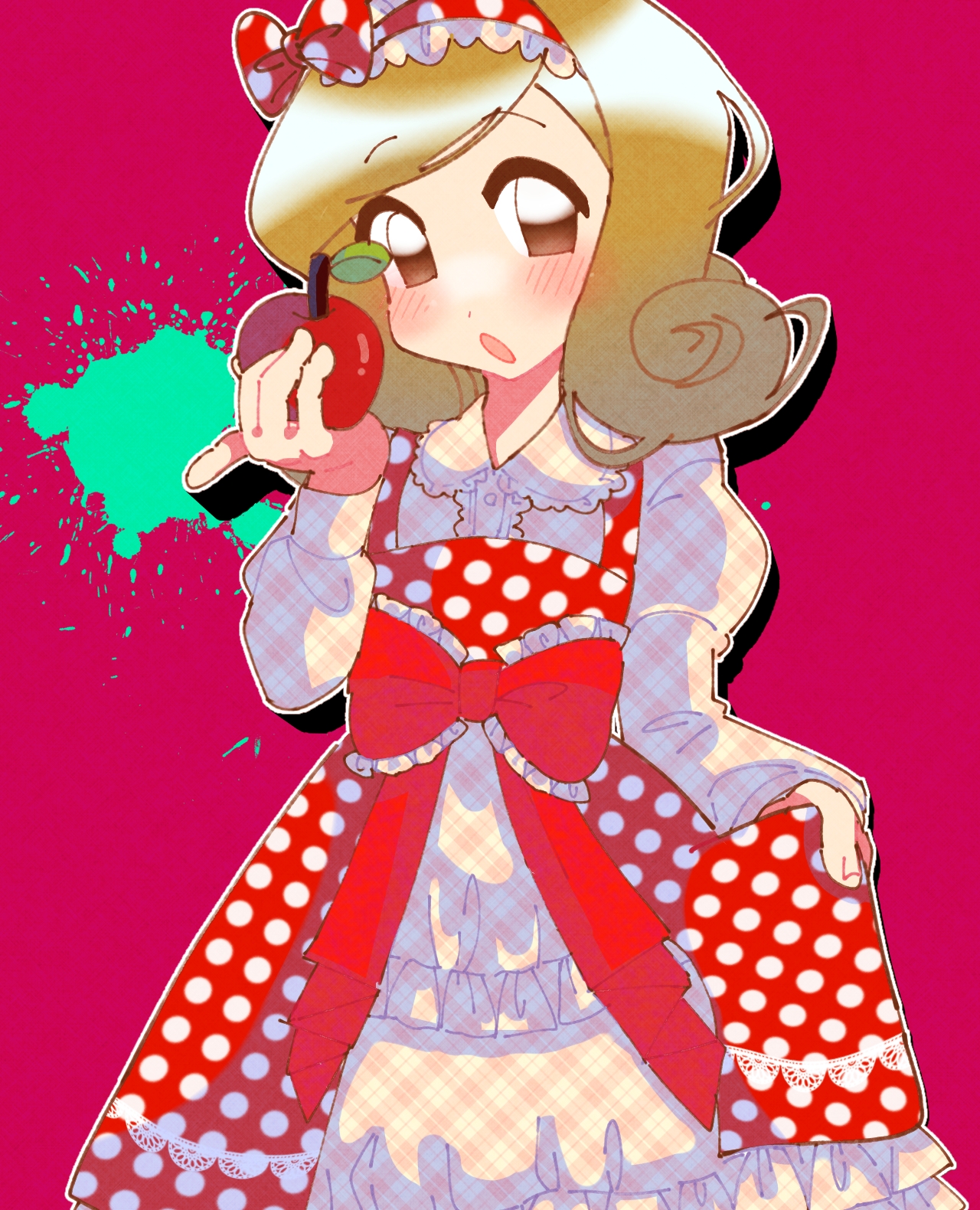 Safebooru - 1girl apple blonde hair bow brown eyes dress food fruit hair bow highres holding ...