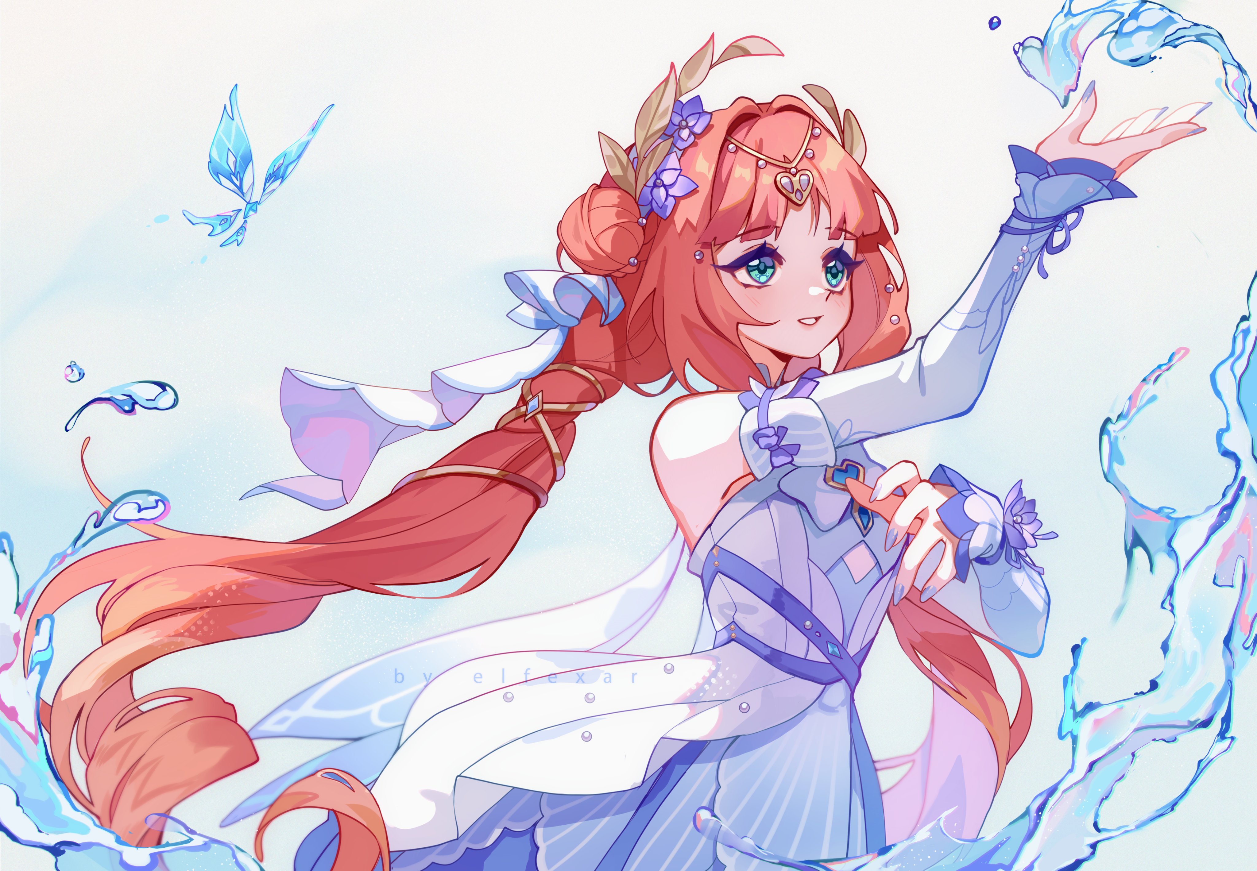 Safebooru - 1girl :d absurdres aqua eyes arm up bare shoulders blue dress blue nails blue ...