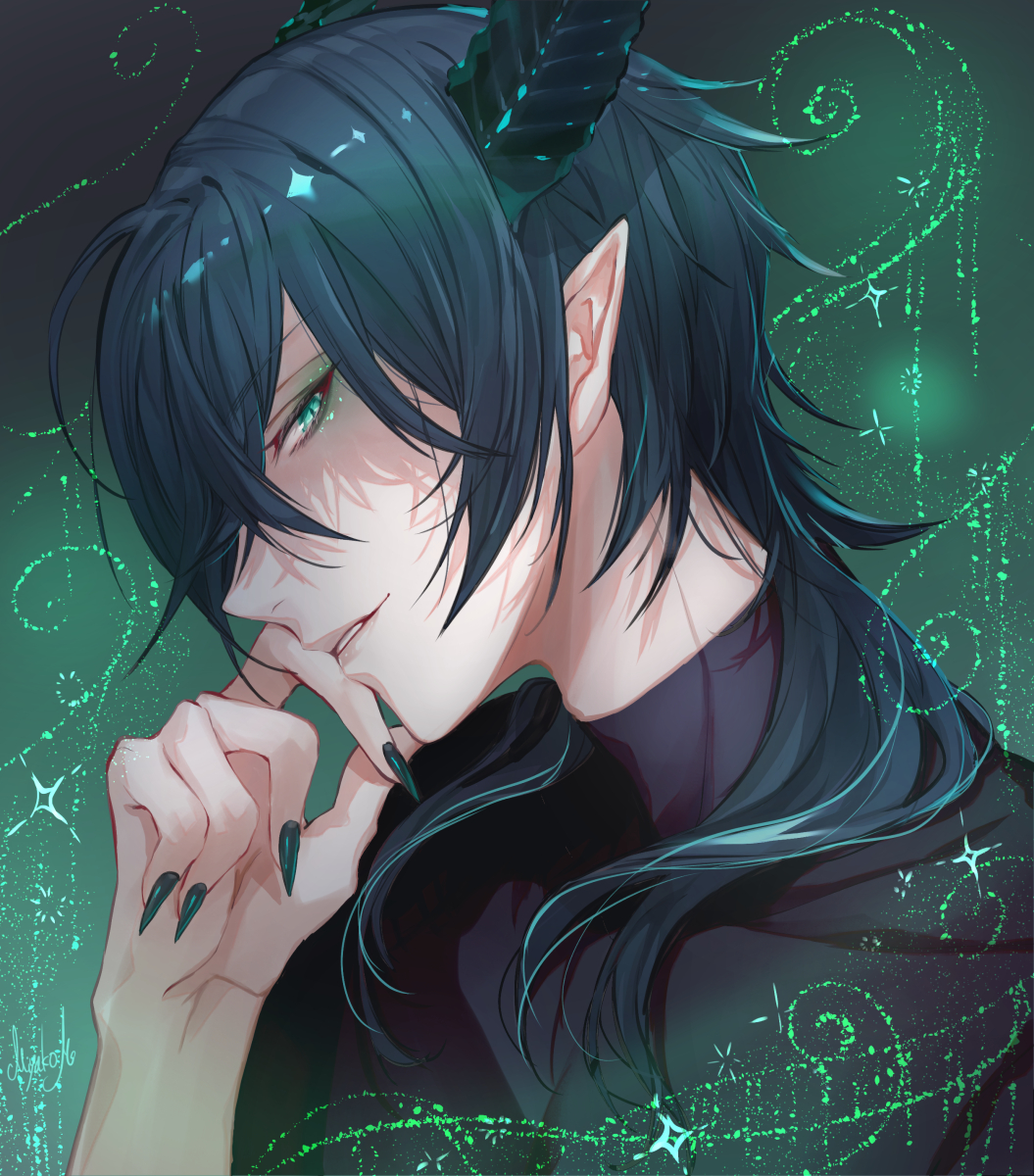 Safebooru - 1boy black shirt dragon boy dragon horns fingernails green background green eyes ...