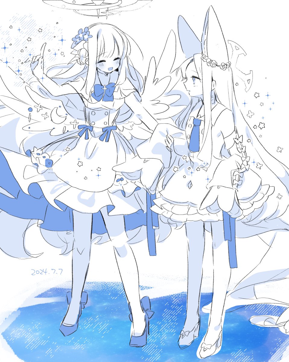 Safebooru - 2girls angel wings animal ears bare shoulders blue archive blue theme blush capelet ...