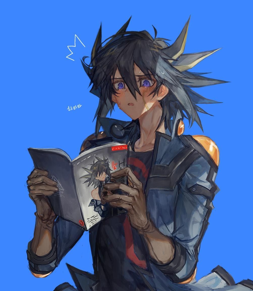 Safebooru - 1boy black hair black shirt blue background blue eyes blue jacket book brown gloves ...