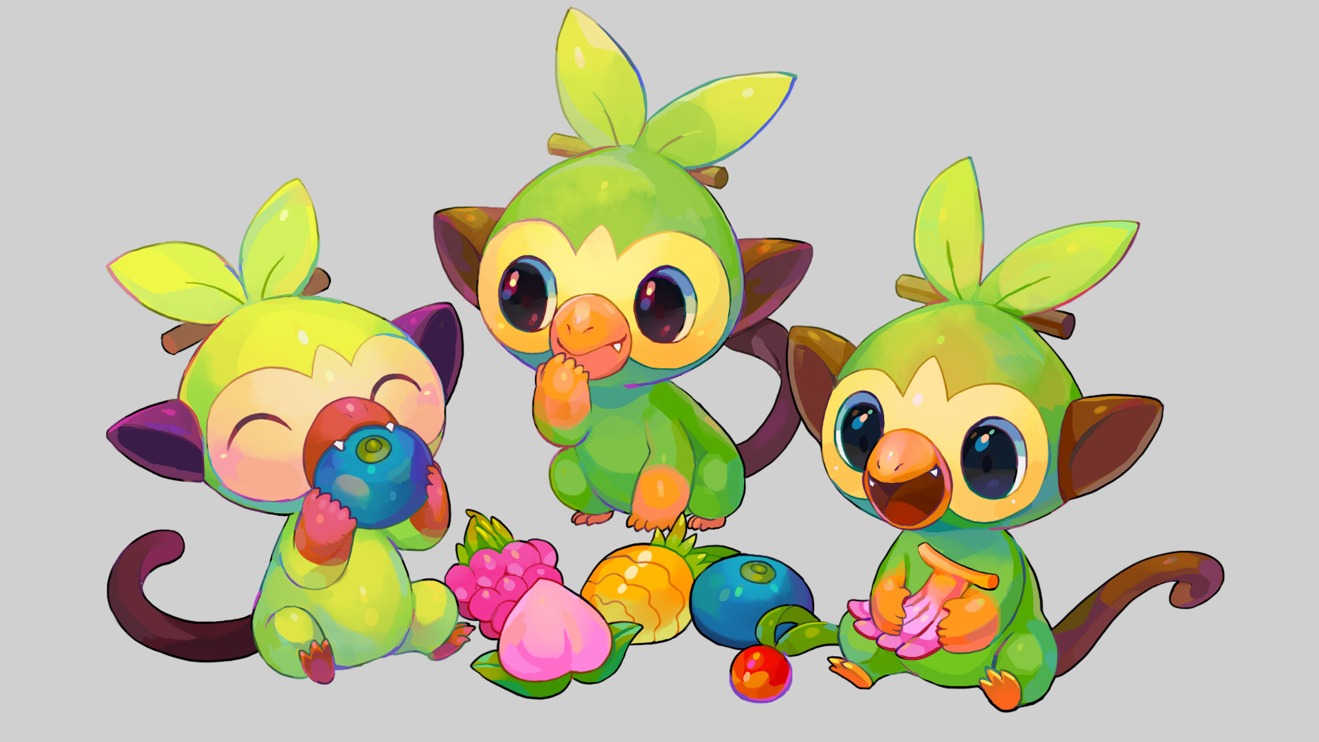 Safebooru - berry (pokemon) closed eyes eating food green fur grey ...