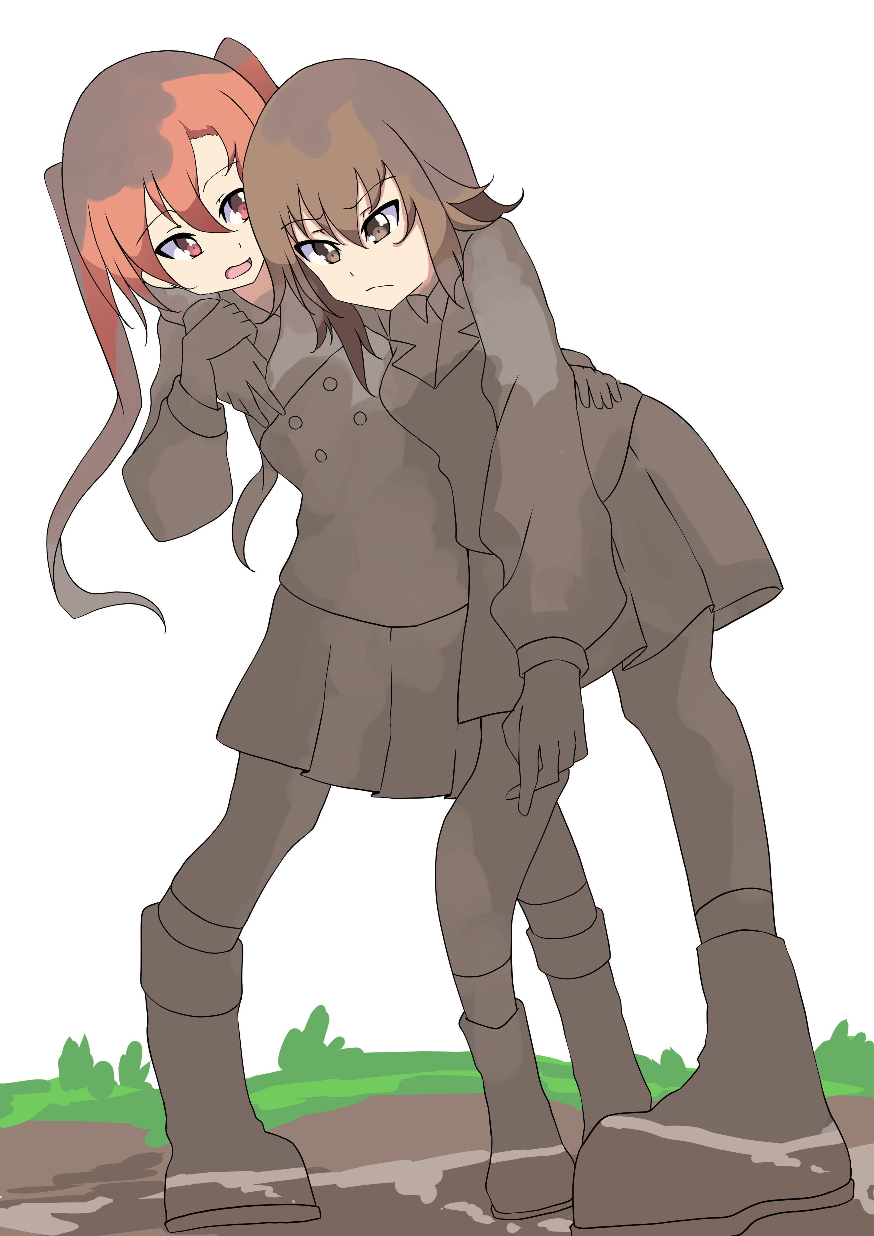 Safebooru - 2girls absurdres bellwall military uniform black jacket boots brown eyes brown hair ...